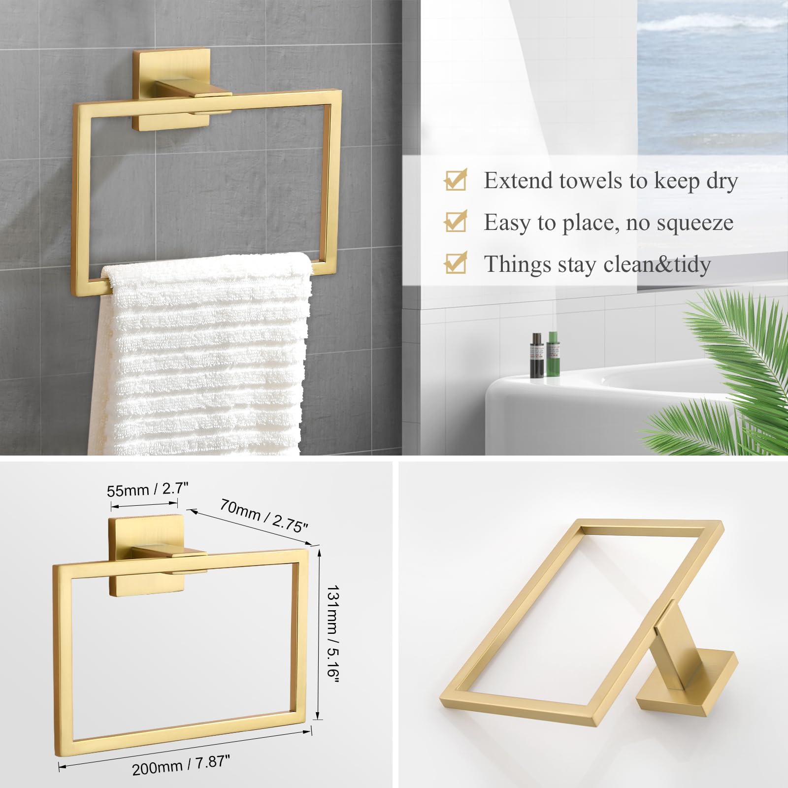 TURS 5-Pieces Bathroom Hardware Set Brushed Gold Towel Bar Set Include Single Towel Bar 2 Towel Rings Toilet Paper Holder and Towel Hook, Stainless Steel Towel Holder Set Wall Mount