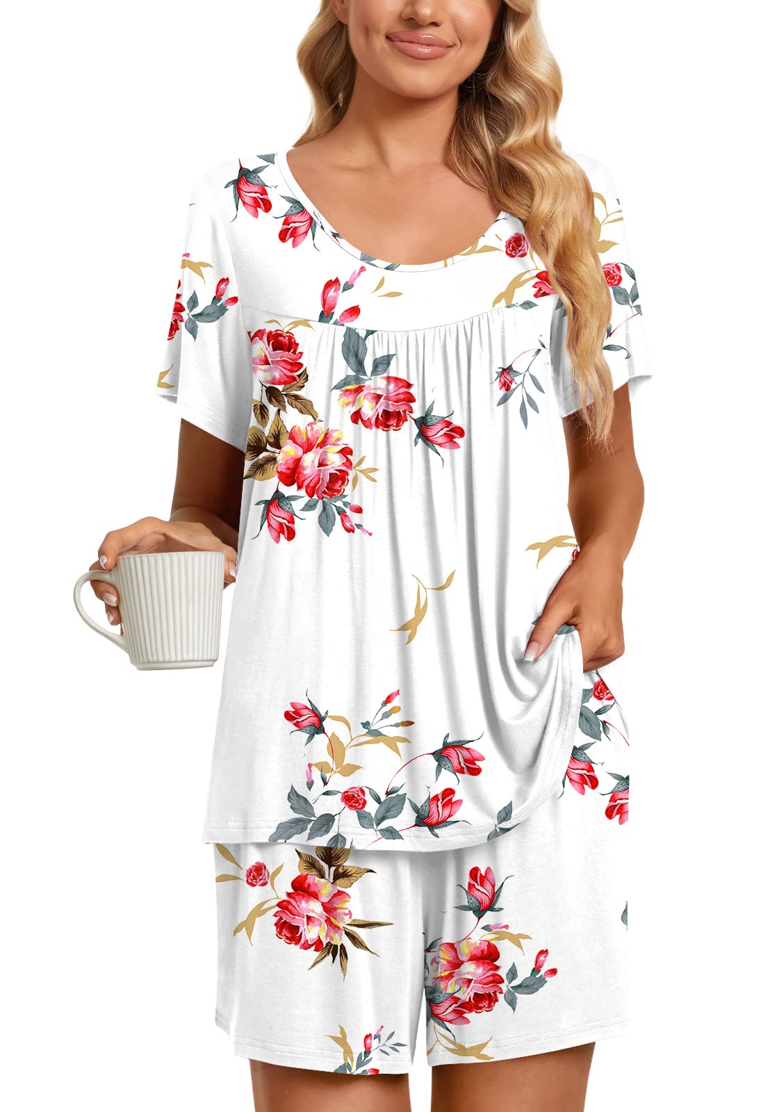 TAOHUADAO Womens Summer 2 Piece Pajama Sets, Short Sleeve Pleated Tunic Tops with Comfy Shorts, Lounge Sleepwear Ladies Pjs Sets with Pockets M, Floral White