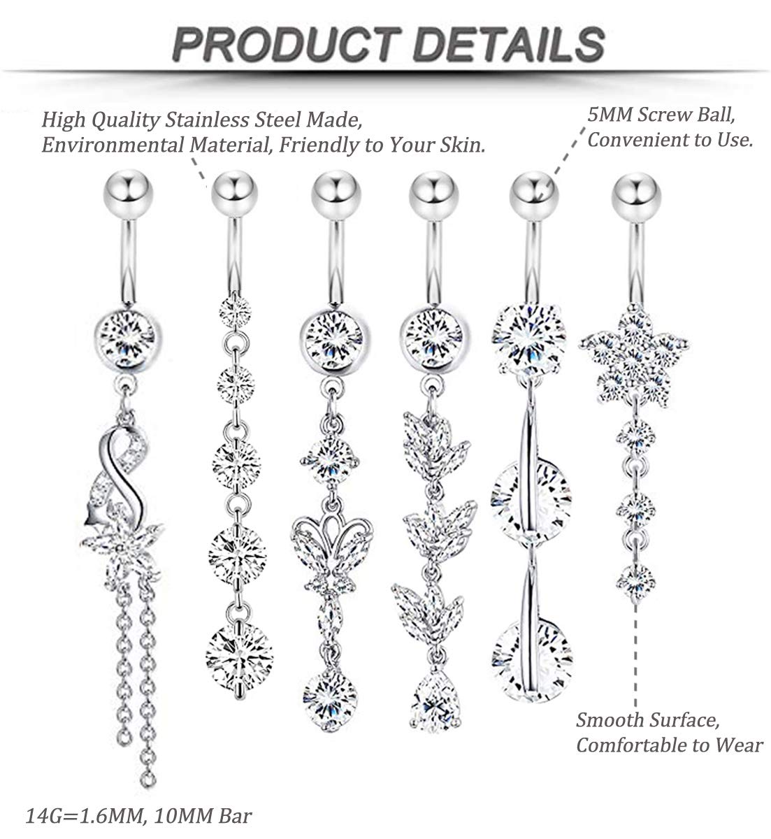 YOVORO 6PCS 14G 316L Stainless Steel Belly Button Rings for Women Navel Rings Barbell Dangle Flower CZ Body Piercing (C: 6 Pcs Silver-tone)