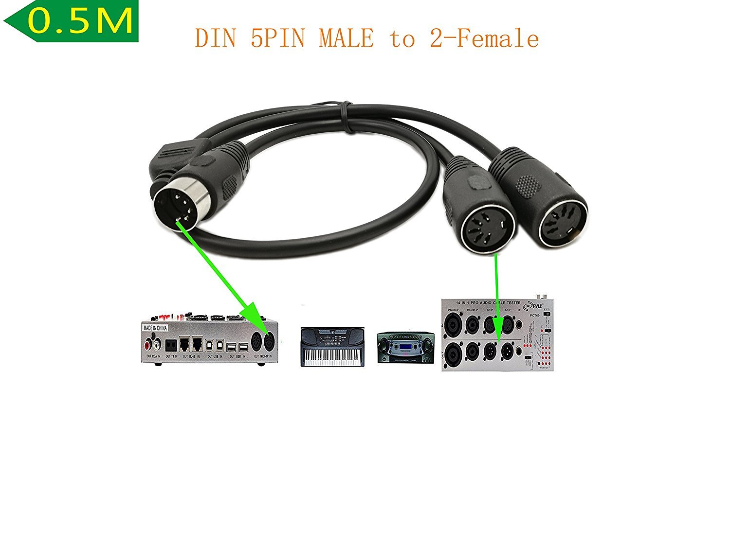 SinLoon DIN 5-Pin Splitter Y Adapter MIDI Cable, MIDI 5 Pin Male to Dual 2 x DIN-5 Female Extension Audio Cable (D5P M-2F,0.5meter)