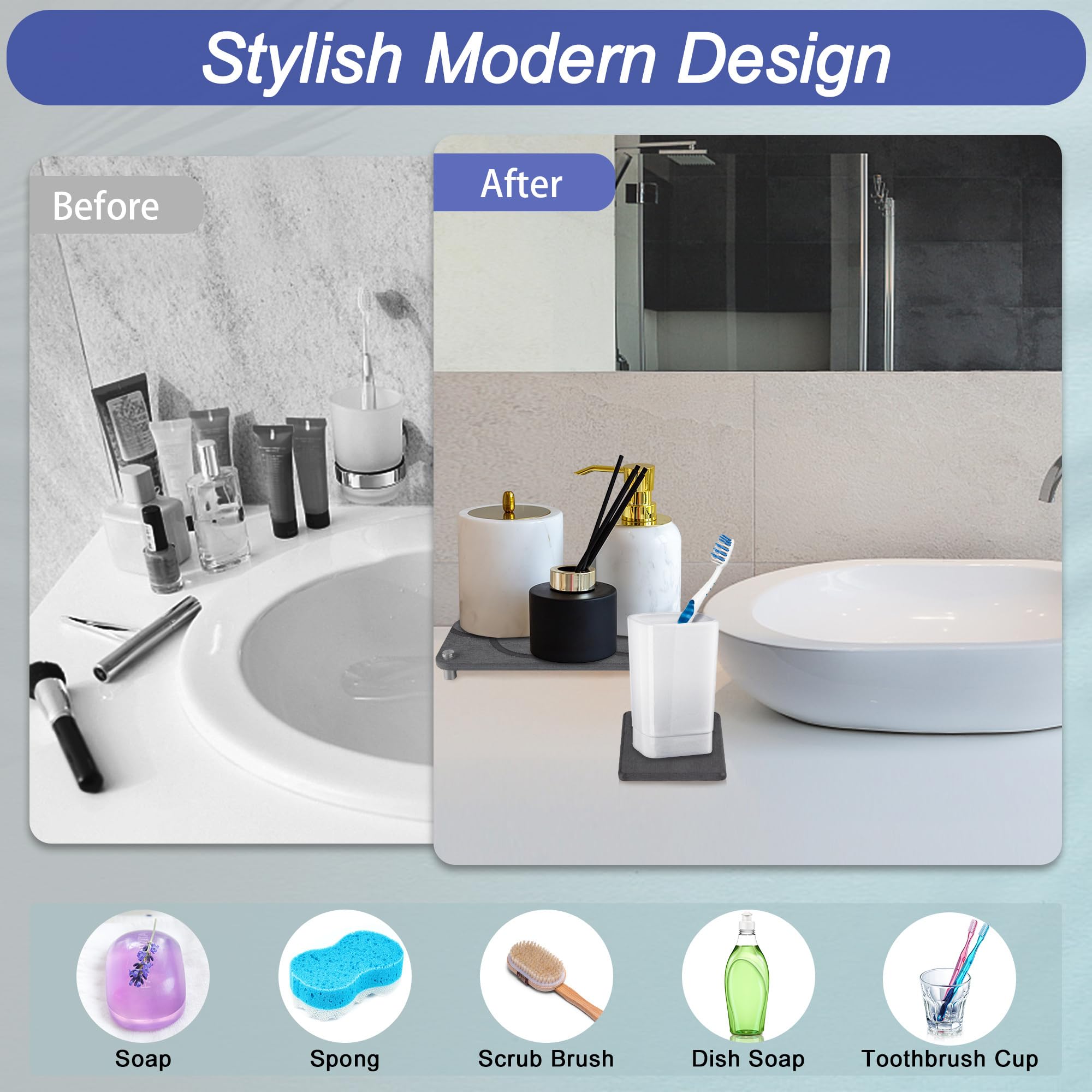 Yukee 2PCS Diatomaceous Earth Instant Dry Sink Organizer Tray with 2PCS Coasters, Bathroom Kitchen Counter Fast Water Absorbing Stone Sink Caddy Sponge Soap Drying Holder Rack