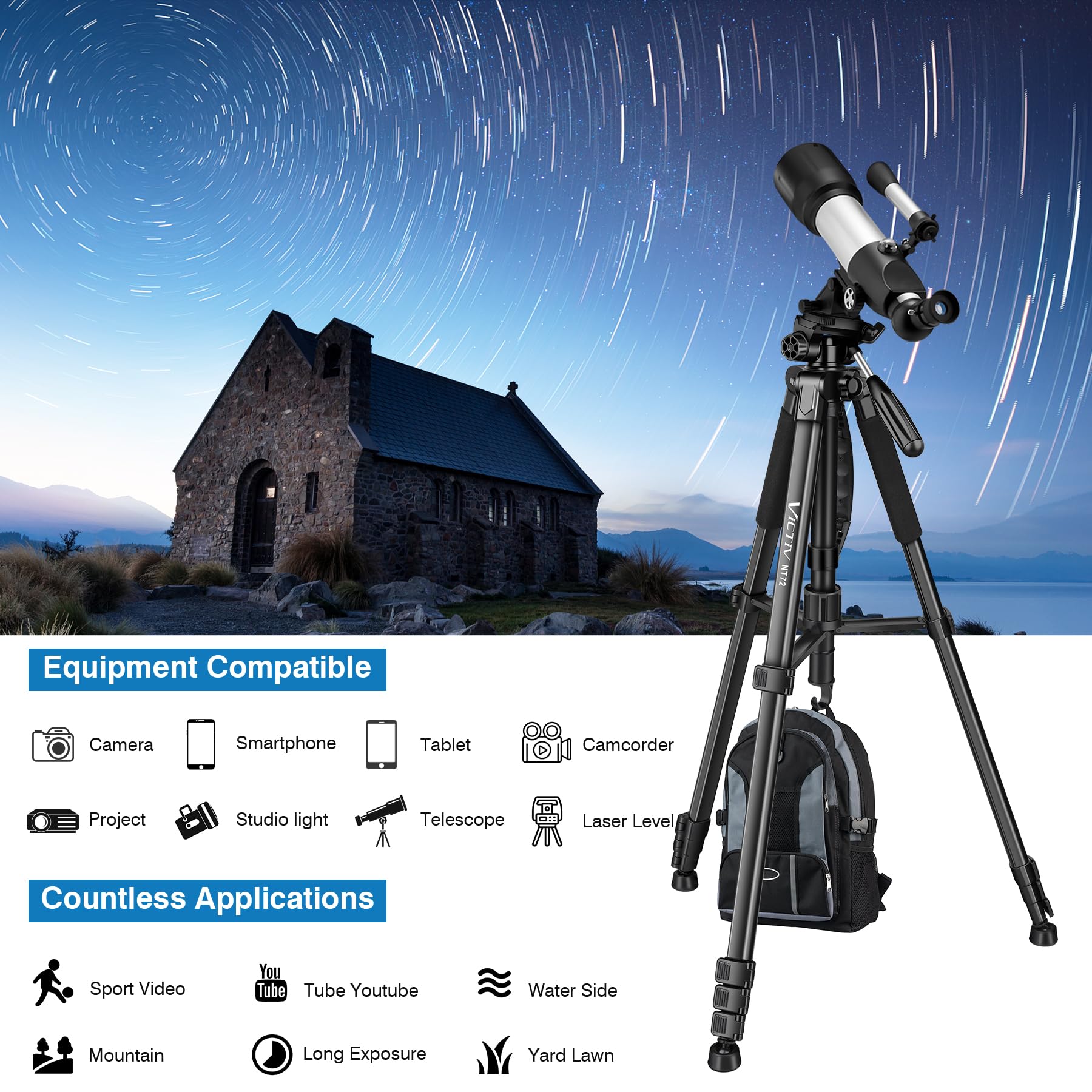 Tripod for Camera, 75 inch Tall Camera Tripod with Remote, Professional Heavy Duty Tripod for DSLR, Spotting Scopes, Binocular, Cell Phone, Compact Camera Stand Tripod, Compatible with Canon Nikon