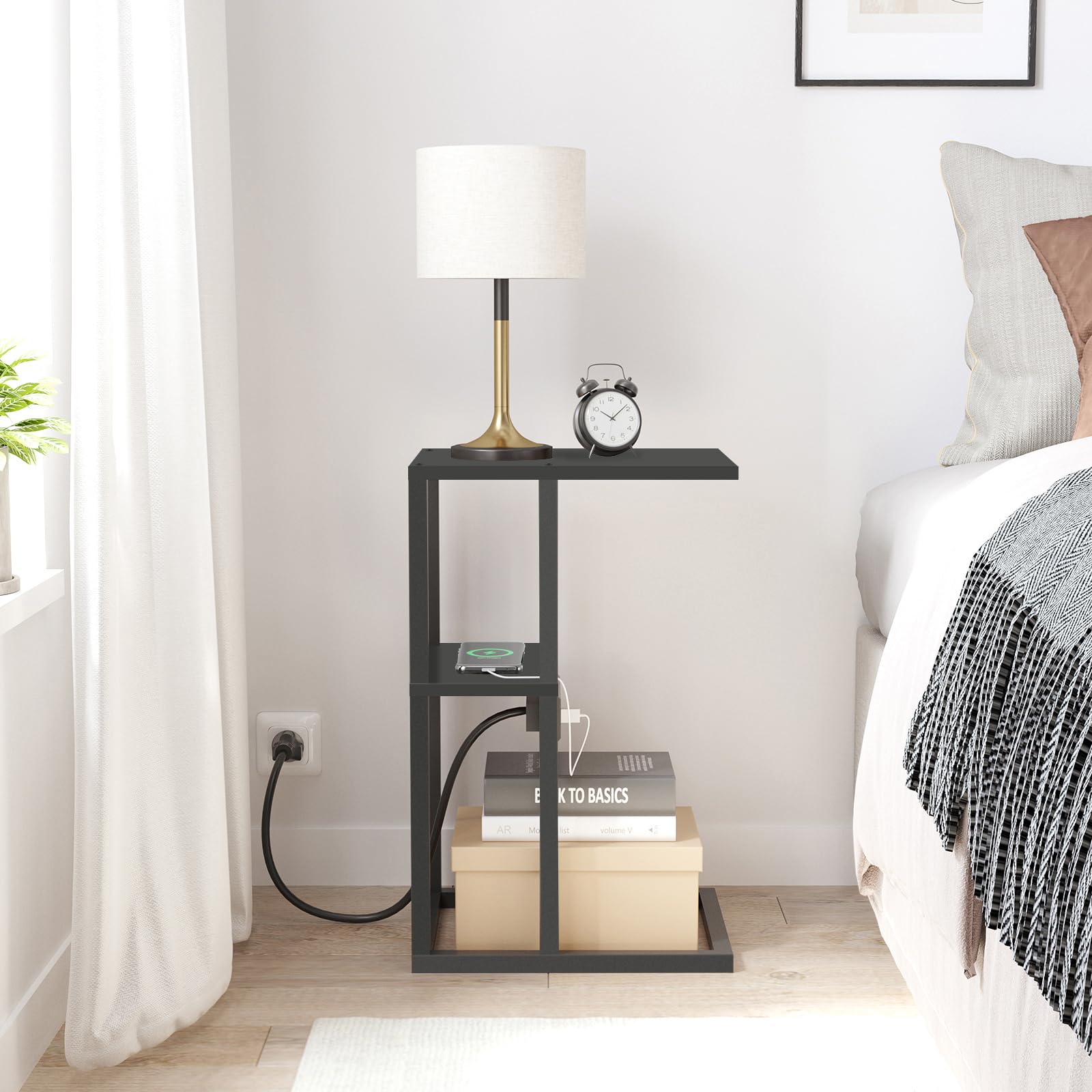 TUTOTAK Side Table with 2 USB Ports and Outlets, C Shaped End Table with Charging Station, Snack Table for Couch and Bed, Small Sofa Table for Small Spaces, Living Room, Bedroom, Greige TB01BG043