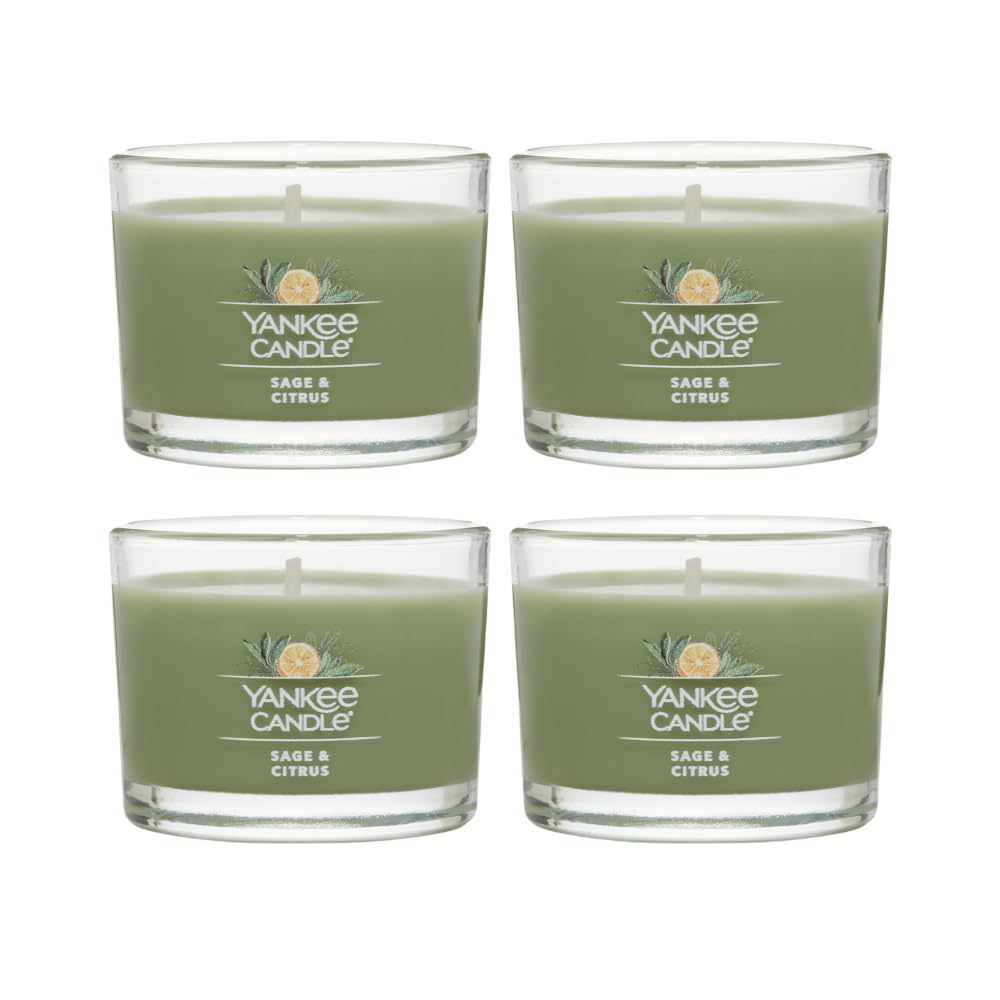 Yankee Candle Signature Votive Mini Candle Jar, Sage & Citrus Scent, Natural Soy Wax Blend Candle with Natural Fiber Wick, 1.3 OZ Glass Jar (Pack of 4)