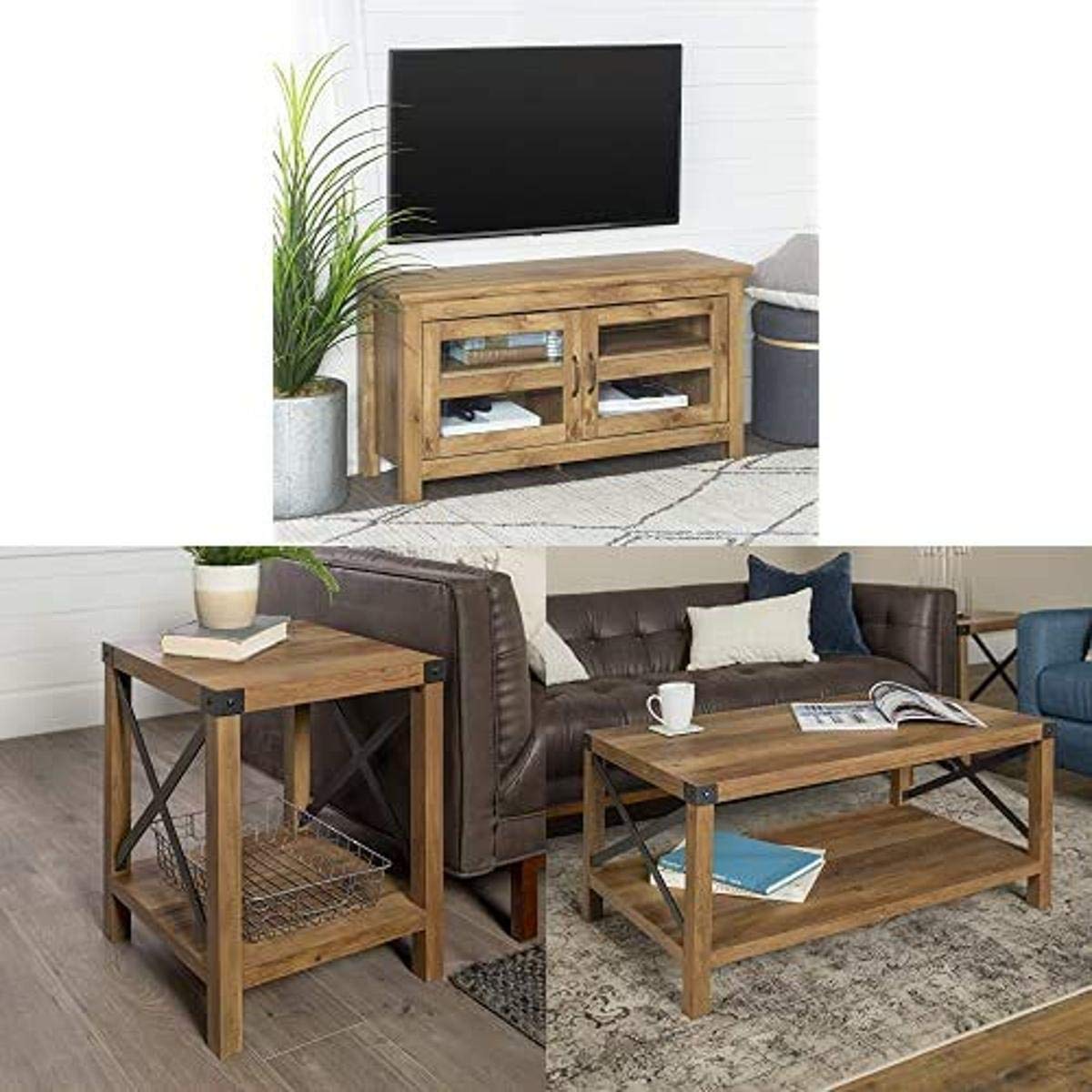 Walker Edison Furniture Simple Wood Universal Stand for TV, Barnwood with Square Side Accent Small End Table, 18 Inch and Rectangle Accent Coffee Table Ottoman Storage Shelf, Reclaimed Barnwood