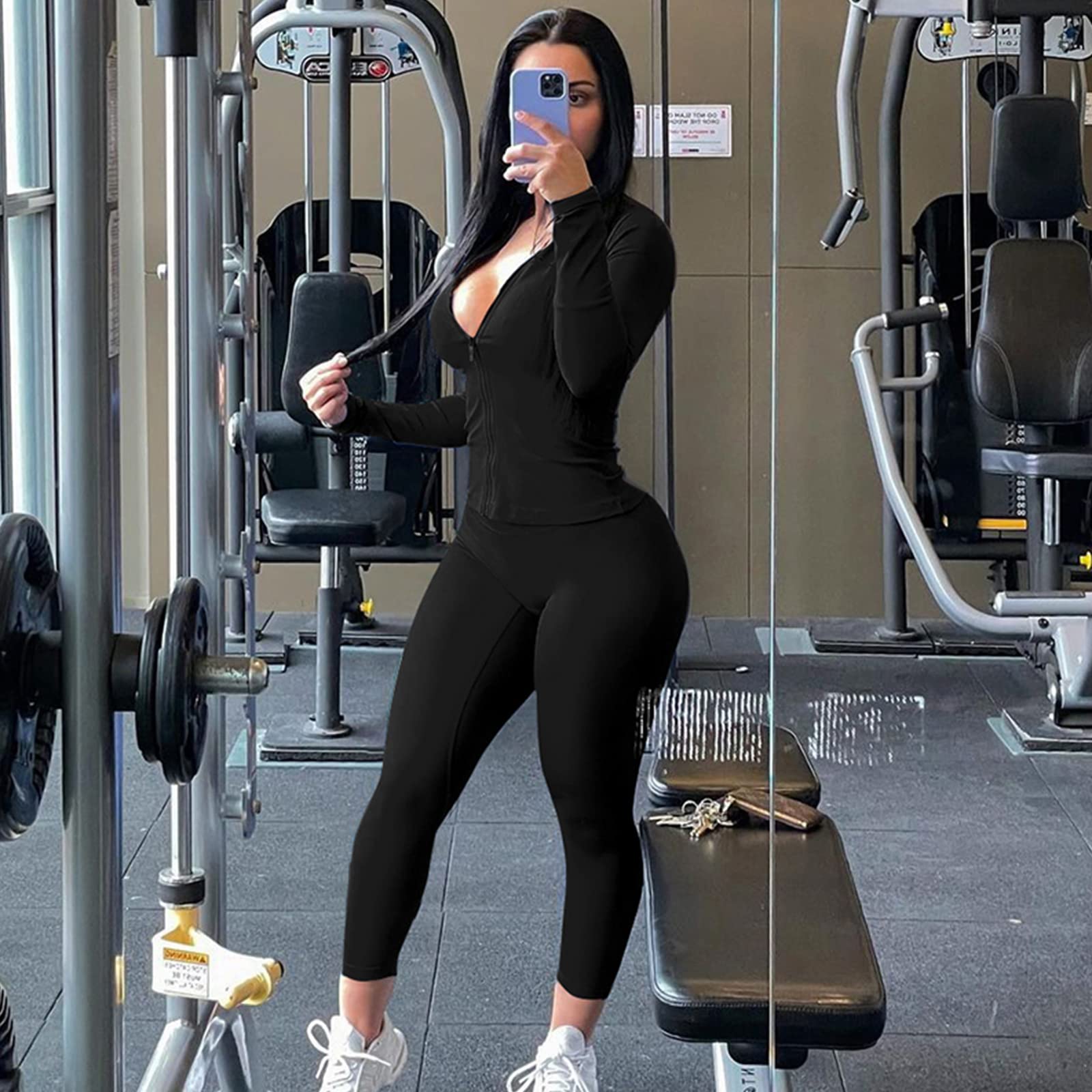 Women's Two Piece Tracksuit Set Long Sleeve Zipper Jacket with Sweatpants Sweatsuit Jogger Workout Set Black M