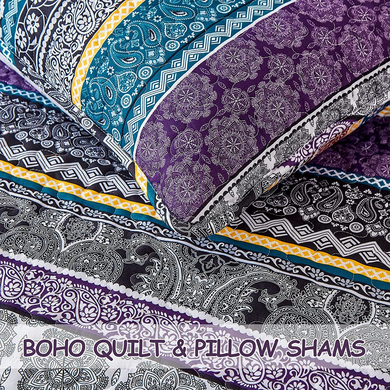 WONGS BEDDING Boho Quilt Set Full Size, Purple Bohemian 3 Pieces Quilt Sets, Lightweight Summer Bedspread Coverlet Bedding Set for All Season (90"x78")