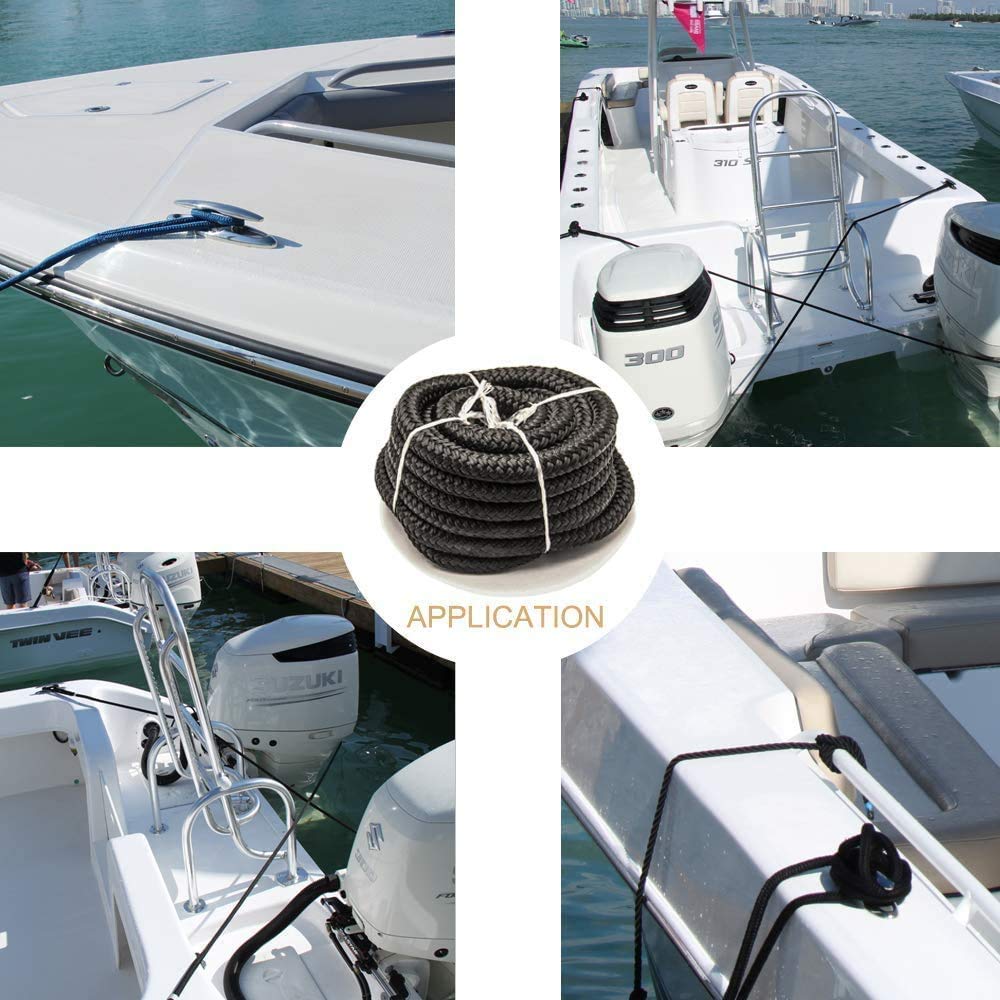 Young Marine Double Braided Nylon Dock Lines Rope,3/8 Inch x 15FT Dock Line with 12 Inch Eyelet for Mooring Boats, Black,4 Pack
