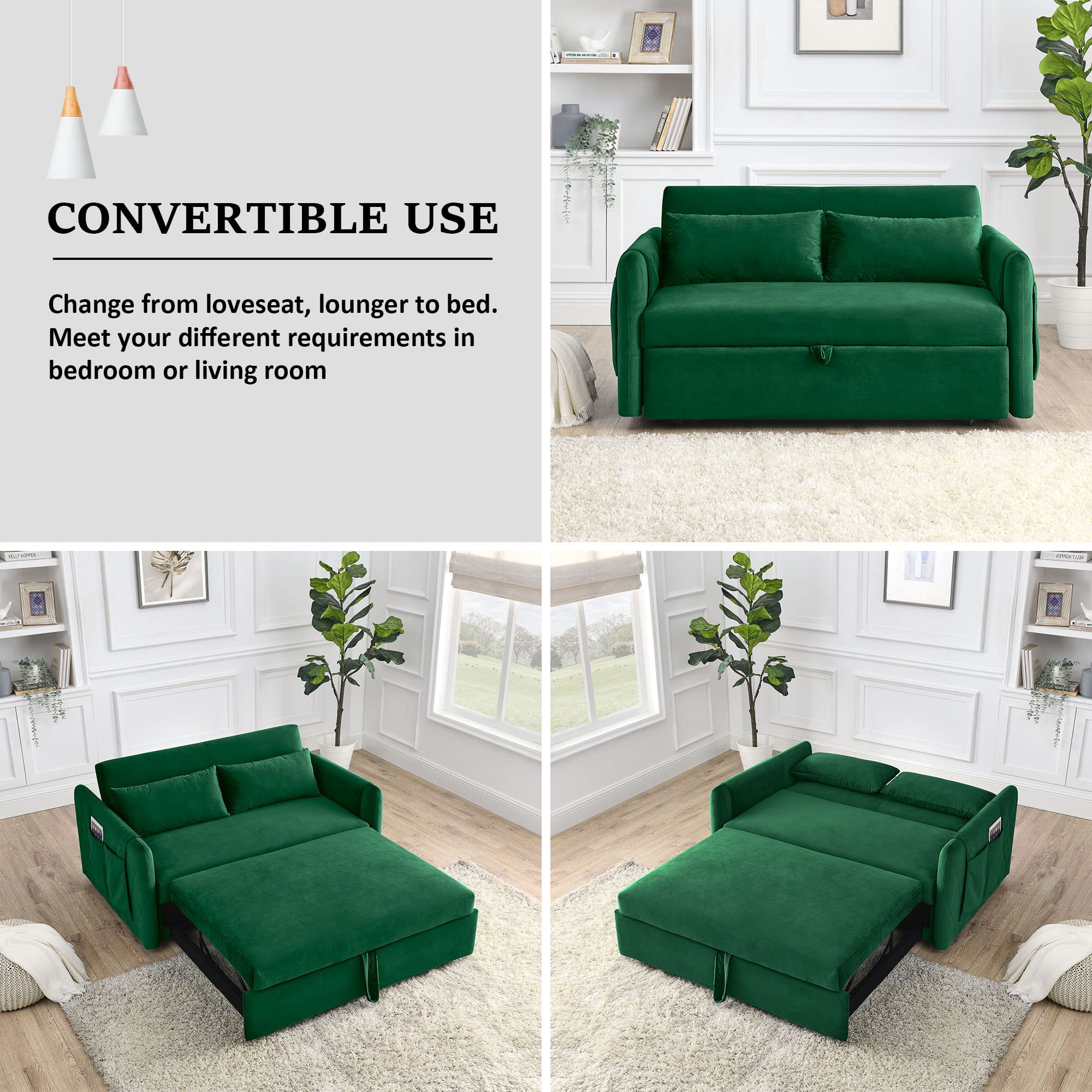 Ucloveria Sleeper Bed Sofa Bed, 3-in-1 Pull Out Couch Bed with 2 Detachable Arm Pockets/Adjustable Back Loveseat Futon Sofa Couch for Living Room Bedroom, Velvet Black