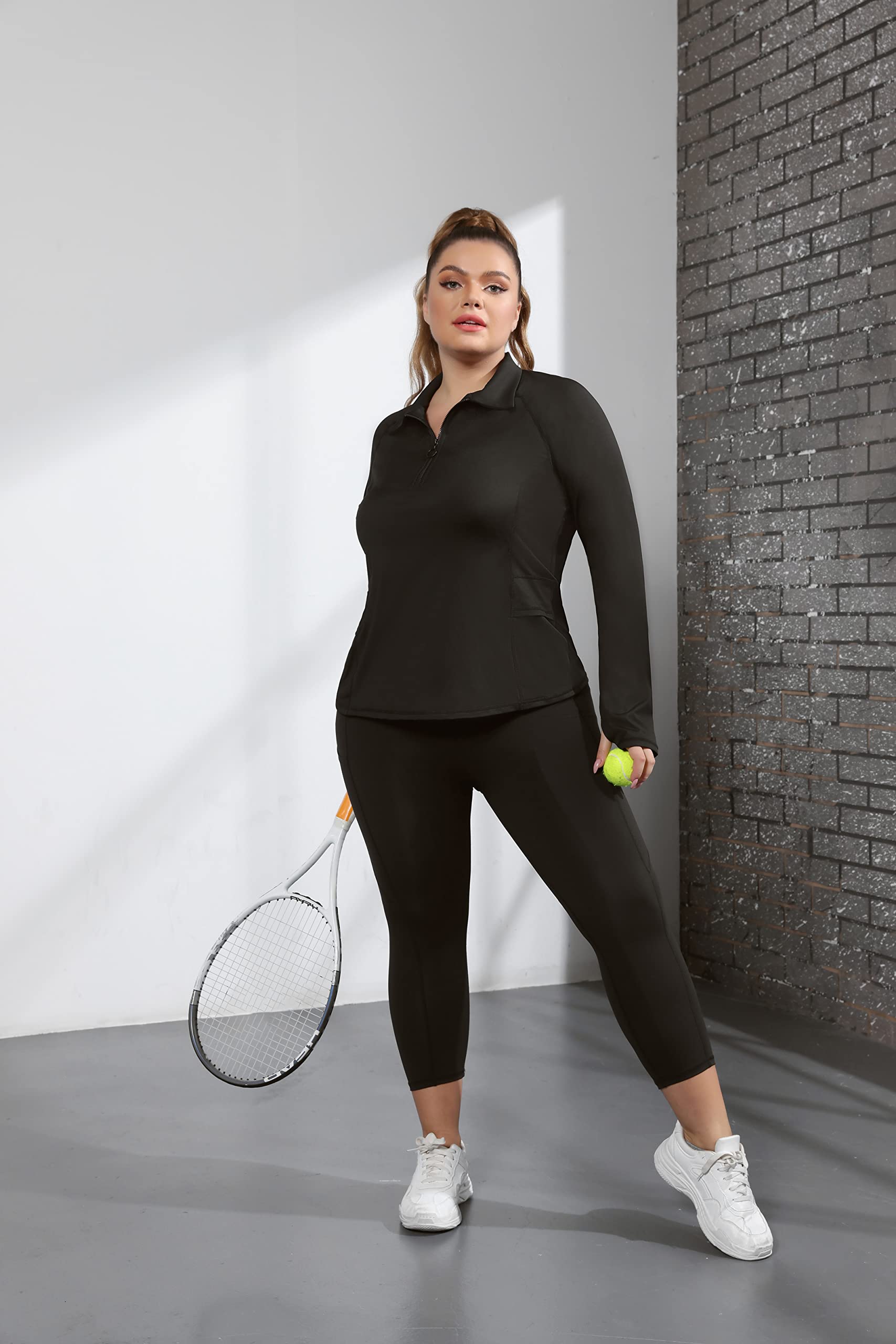 Women's UPF 50+ Long Sleeve Running Hiking Outdoor Tops with Side Pocket and Thumb Hole Black 4X