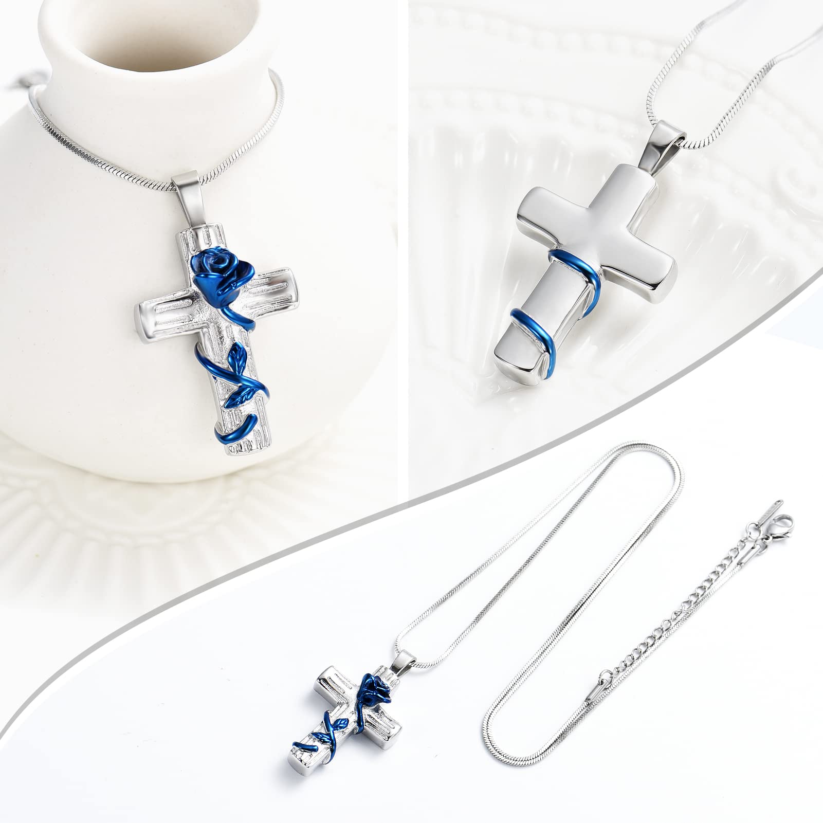 Urn Necklace for Ashes Rose Flower Cross Cremation Jewelry Pendant for Human/Pet Funeral Keepsake Memorial Necklace(Blue)