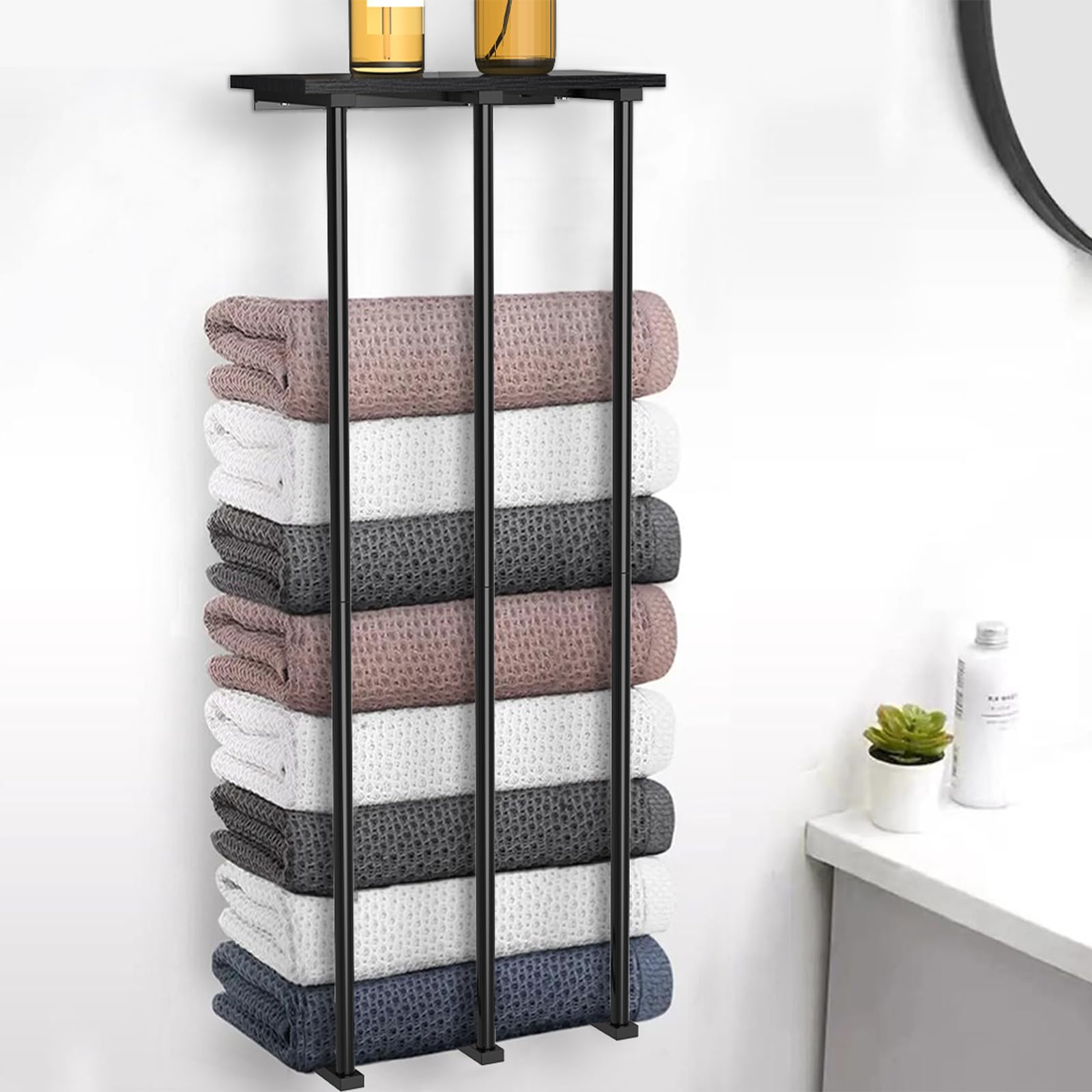 Towel Racks for Bathroom Wall Mounted, MOOACE 3 Bar Adhesive Rolled Towel Storage Holders with Wood Top and 6 Hooks,Metal Bathroom Organizer for Folded Large Towel - Black