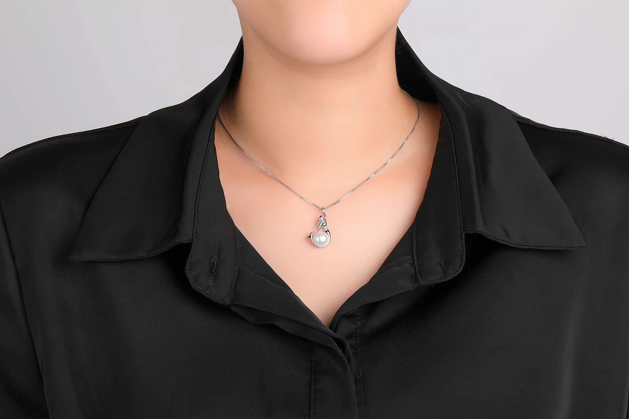 WRISTCHIE Womens Jewelry 925 Sterling Silver and Freshwater-Cultured Pearl Mermaid Pendant Necklace 18+2" (Silver) (Silver)