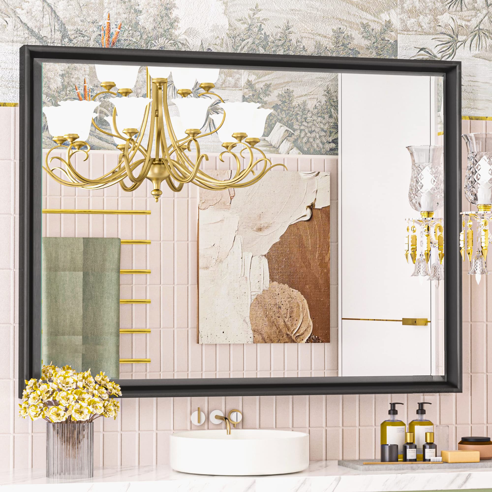 Vosuja 40 x 30 Inch Bathroom Mirrors for Wall, Black Bathroom Mirror, Wall Mirror for Bathroom in Aluminum Alloy Metal Frame (Horizontal/Vertical)