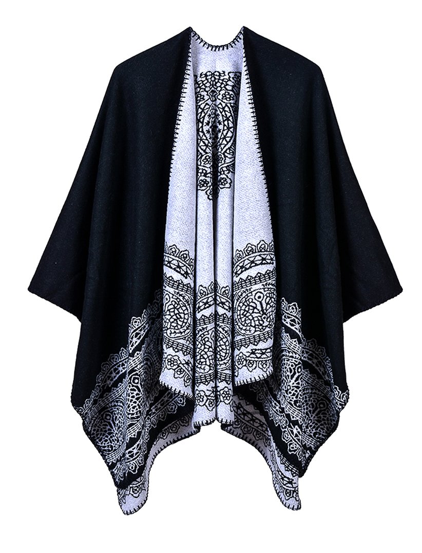 Women's Vintage Pattern Open Front Poncho Cape Shawl Winter Shawl Wraps (Series 1-Green)