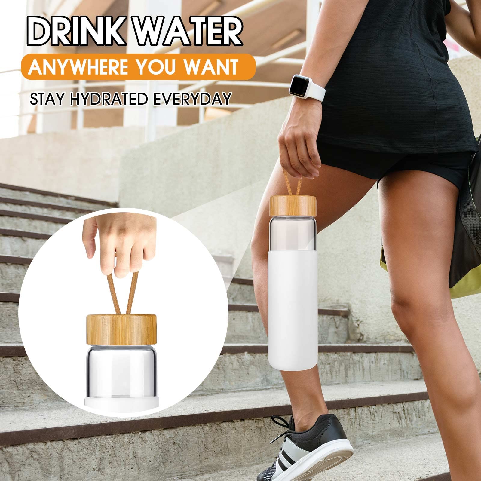 Yomious 20oz Bundle with 25oz Glass Water Bottle with Bamboo Lid and Silicone Sleeve β Reusable BPA Free β Glass Drinking Bottle with Lids