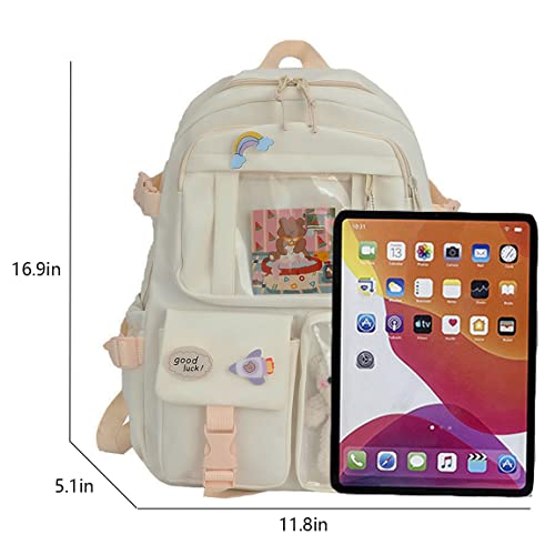 Votachin Kawaii Backpack Large Capacity Aesthetic Backpack Cute Casual Backpack with Decorative Pendant Kawaii Laptop Bag-beige