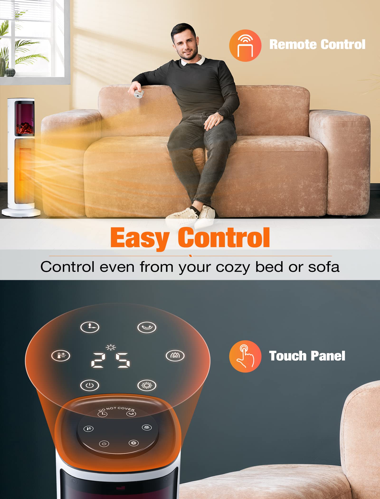 Tower Space Heater for Room, Indoor Electric Space Heater, 3 Modes & Thermostat, 90° Oscillation, 12H Timer, Remote, Overheat & Tip-Over Protection, 3D Flame, Space Heater for Office/Home/Indoor