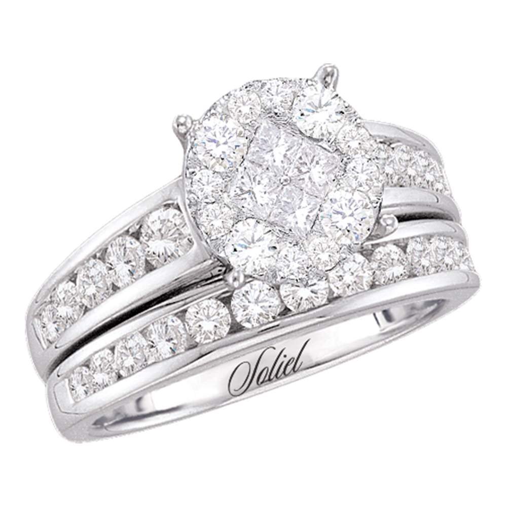 Size - 4 - 14k White Gold Diamond Ladies Womens Bridal Engagement Ring with Matching Wedding Band Two 2 Ring Set Invisible Solitaire Style Center Setting with Side Stones Channel Set Princess and Round Cut Diamond Ring 10mm (1.0 cttw)