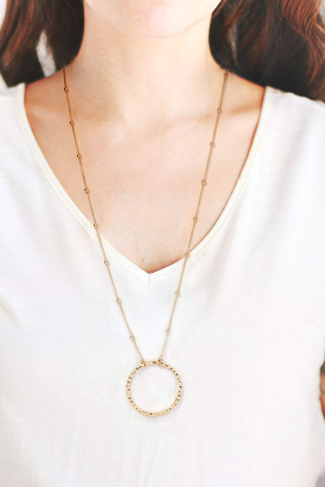 SOFYBJA Hammered Karma Open Circle Pendant Necklace Long Satellite Beaded Chain 18K Gold Plated Jewelry for Women