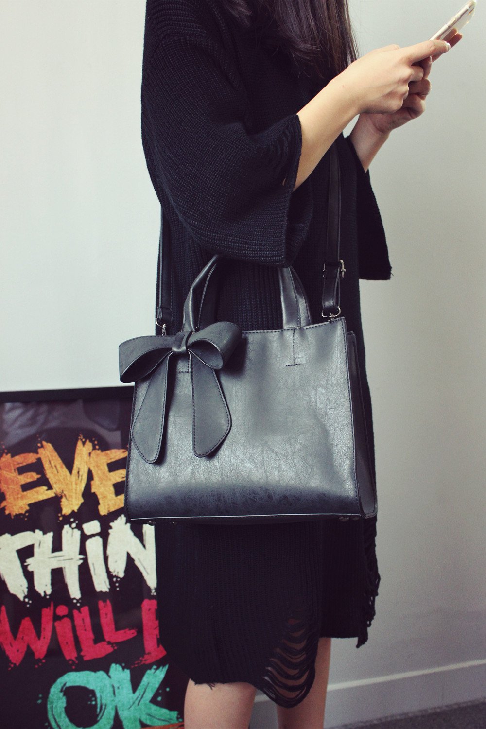 Women’s Tote Purses and Handbags Bow Tie Leisure Top-Handle Cross-body Shoulder Bags (Black)