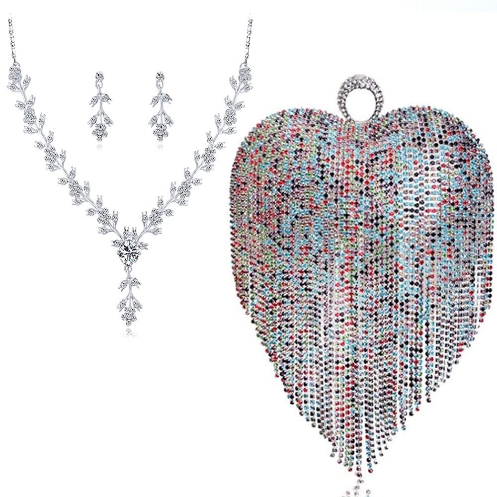 WANLIAN Women Luxury Cute Heart Shape Tassel Evening Clutch Bag Rhinestones Wedding Party Purse Handbag With Earrings Necklace