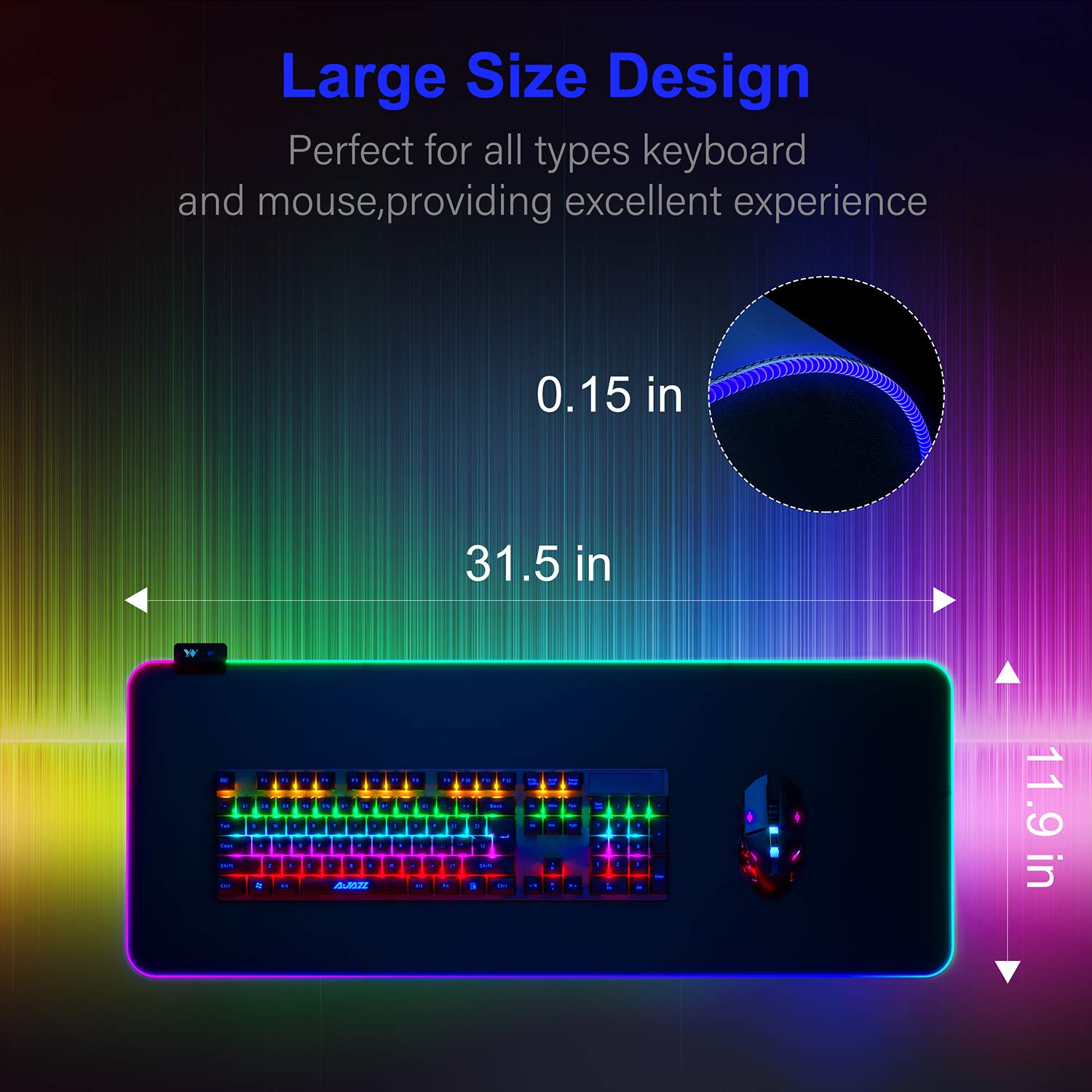 YunNing Large RGB Gaming Mouse Pad,extended Keyboard Pad,with 14 Cool LED lighting effects,Excellent waterproof fabric and Soft and stable non-slip thick natural rubber base,Large size31.5×11.8×0.15in