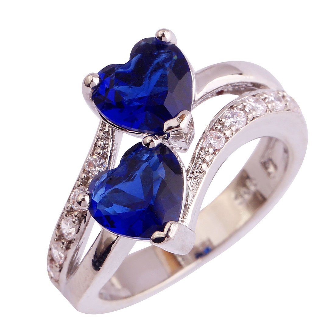 Veunora Eternity Love Silver Plated Created Sapphire Quartz Cubic Zirconia Filled Double Heart Twisted 2-Stones Women Ring Size 7
