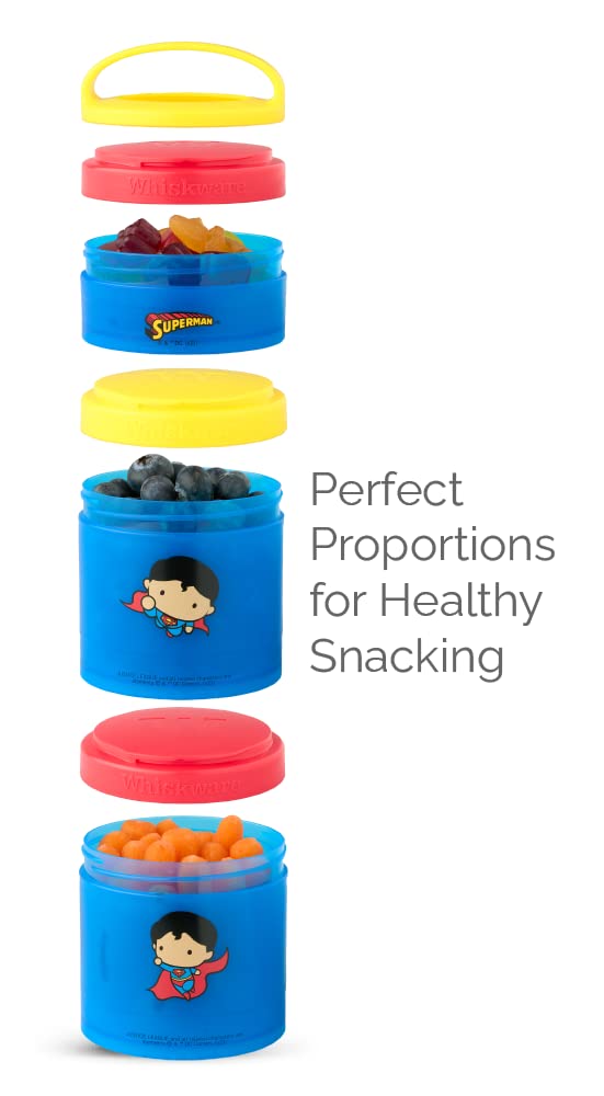 Whiskware Justice League Stackable Snack Containers for Kids and Toddlers, 3 Stackable Snack Cups for School or Travel, Batman