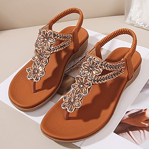 Women’s Retro Studded Wedge Sandals, Spring Summer Solid Color Elastic Band Non-Slip Flip Flops (Brown, 7.5)