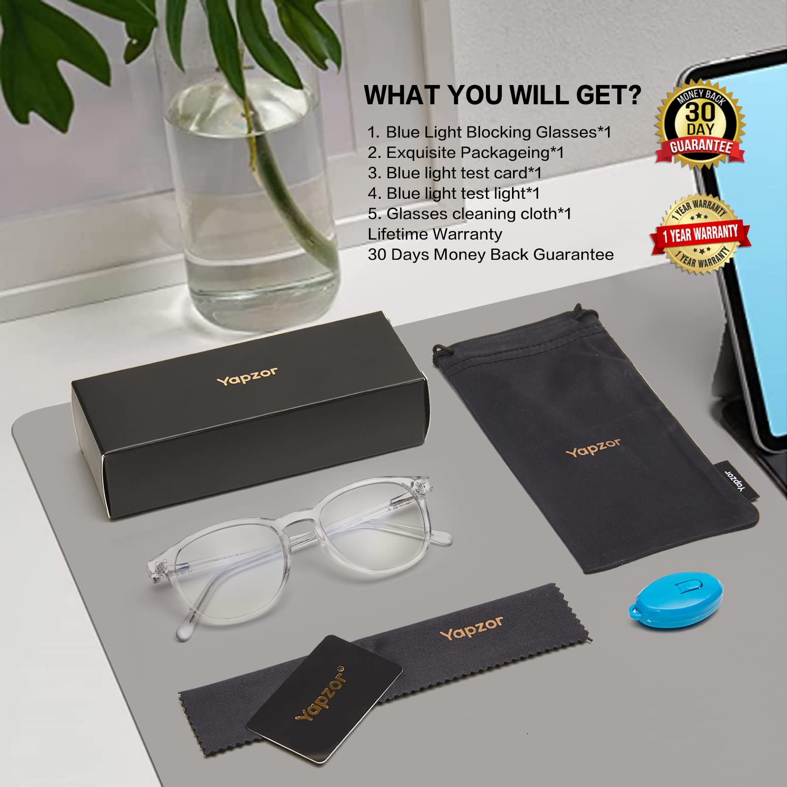 YAPZOR Blue Light Blocking Glasses Round Frame Anti Eyestrain Computer Gaming Glasses UV Ray Glasses for Women Men Crystal