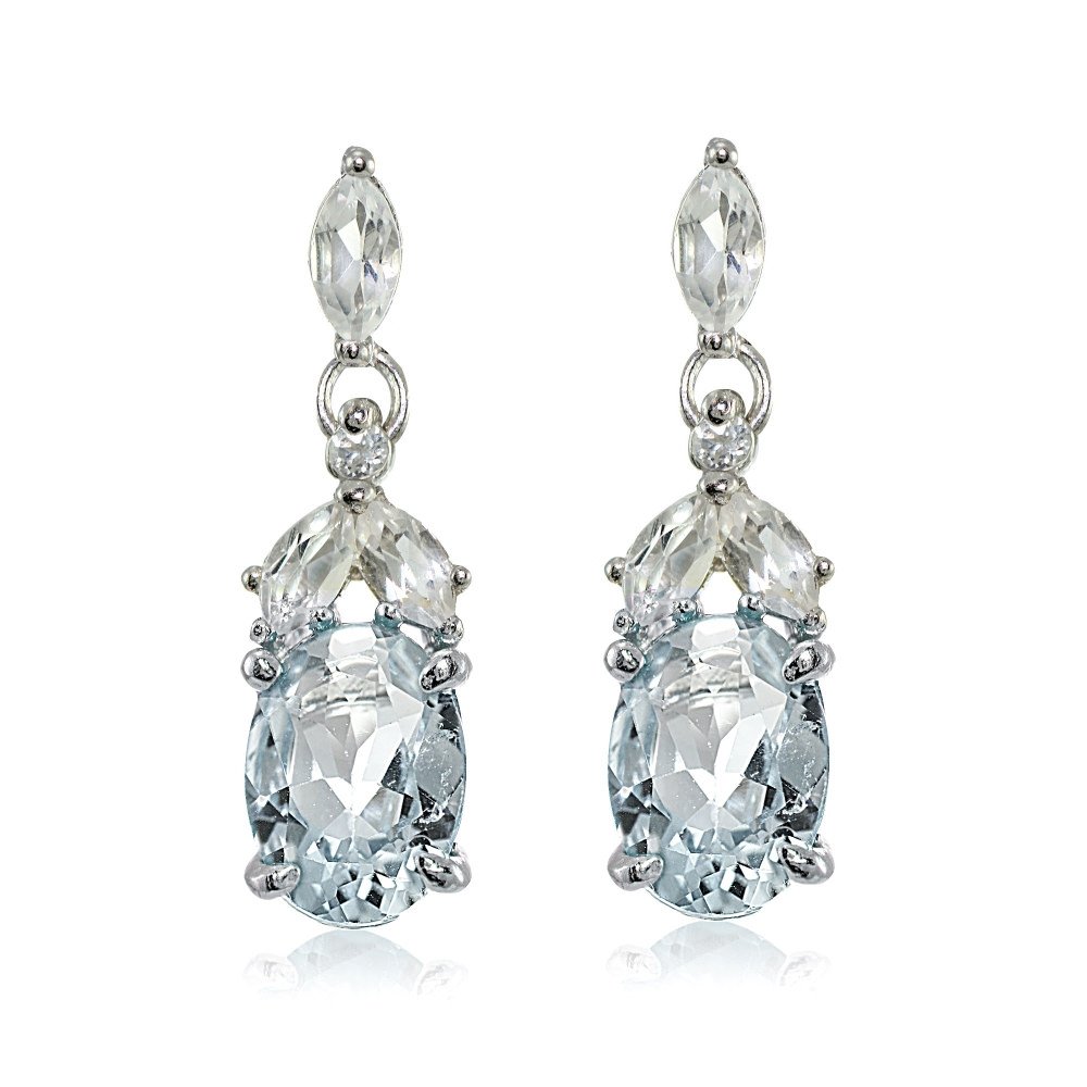 Sterling Silver Aquamarine and White Topaz Oval Dangle Earrings