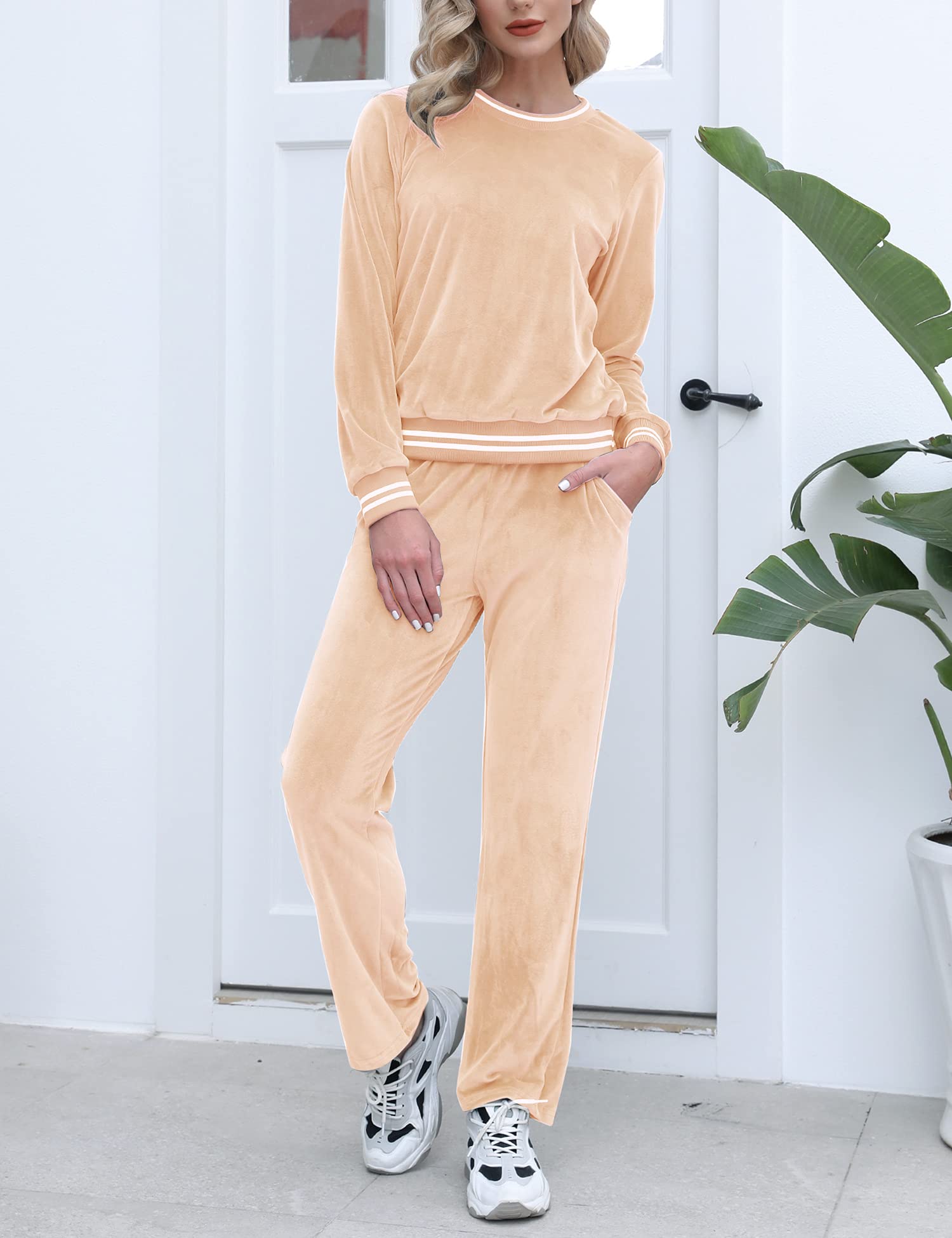 Totatuit Women's Velour Tracksuit 2 Piece Outfits Striped Long Sleeve Pullover and Pants Pajama Lounge Jogger Sets with Pocket
