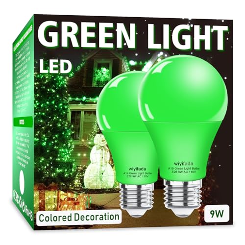 Wiyifada 2 Pack A19 LED Green Light Bulbs,110V E26 Christmas Green LED Lights 9W Replace up to 100W, Colored Light Bulbs for St. Patrick's Day, Porch Light, Party Decoration, Holiday Lighting