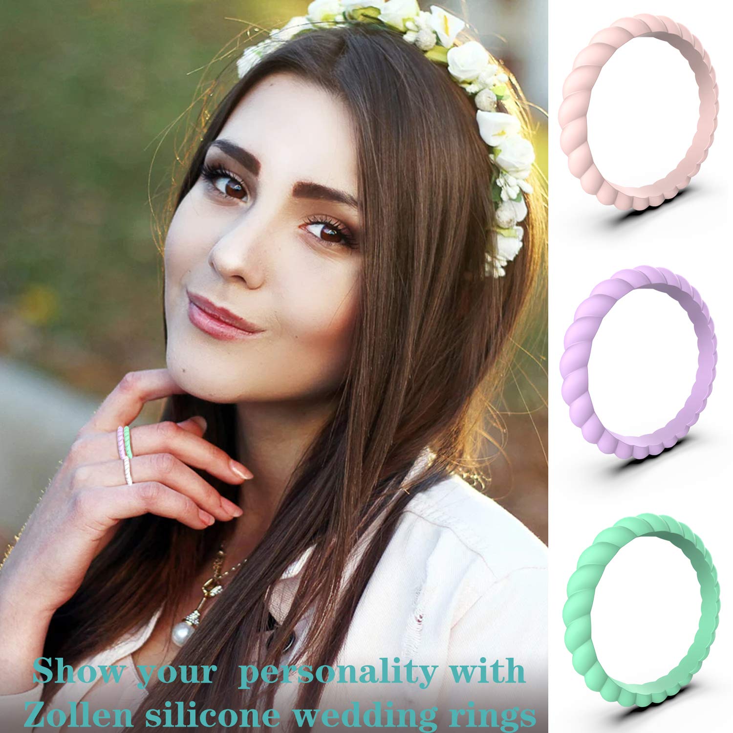 Zollen 12 Packs Silicone Wedding Rings for Women, Thin Braided Rubber Wedding Bands Stackable Ring, Hypoallergenic Silicone, Size 6