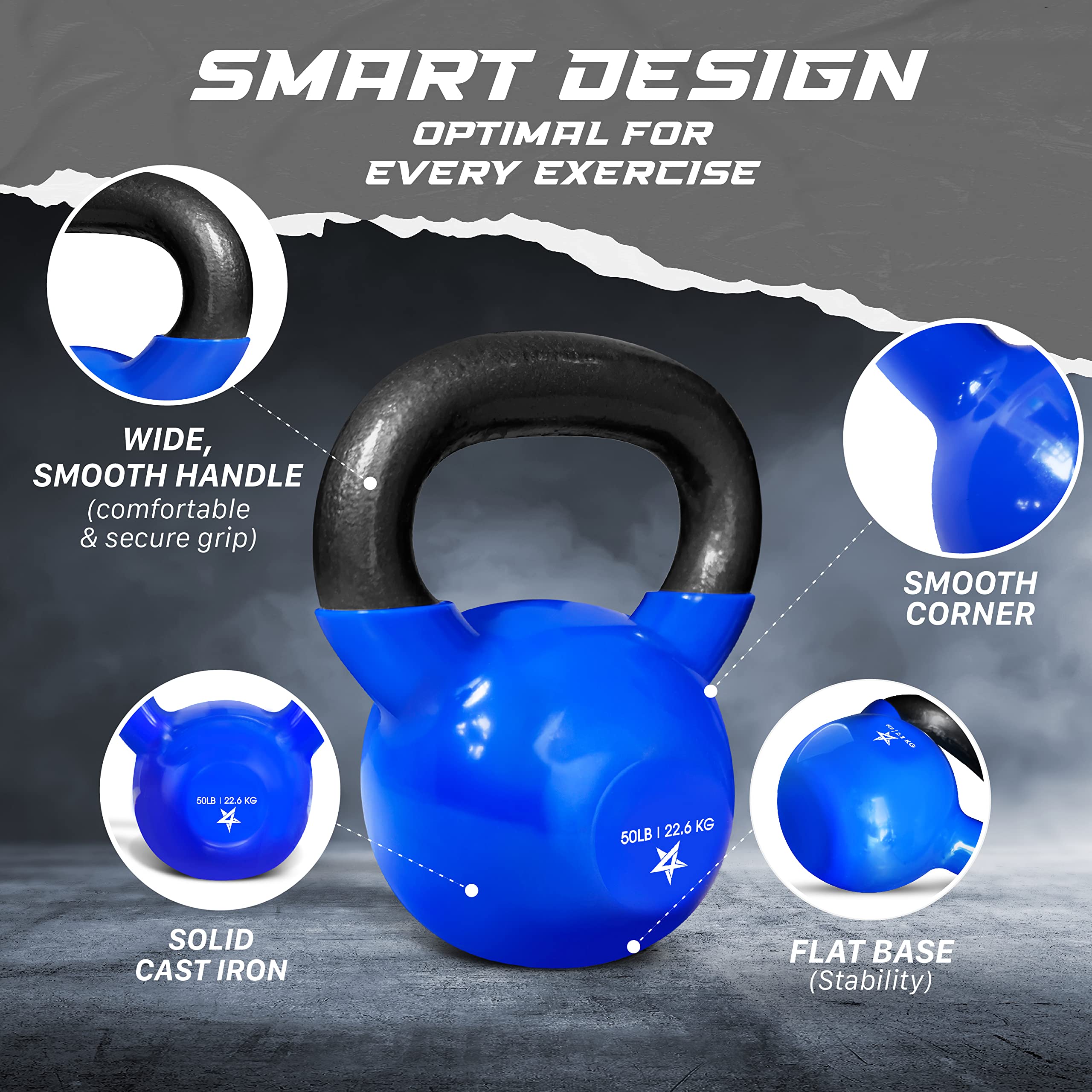 Yes4All 50 lb Kettlebell Weight Vinyl Coated Cast Iron for Dumbbell Weights Exercises, Gym, Fitness, Full Body Workout Equipment Push up, Grip and Strength Training, Blue