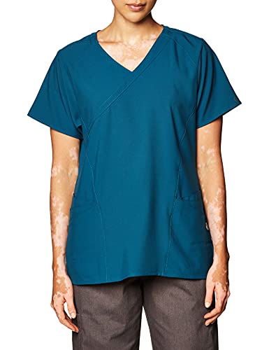 WonderWink Women's Women's Mock Wrap Top Shirt, Caribbean Blue, Small