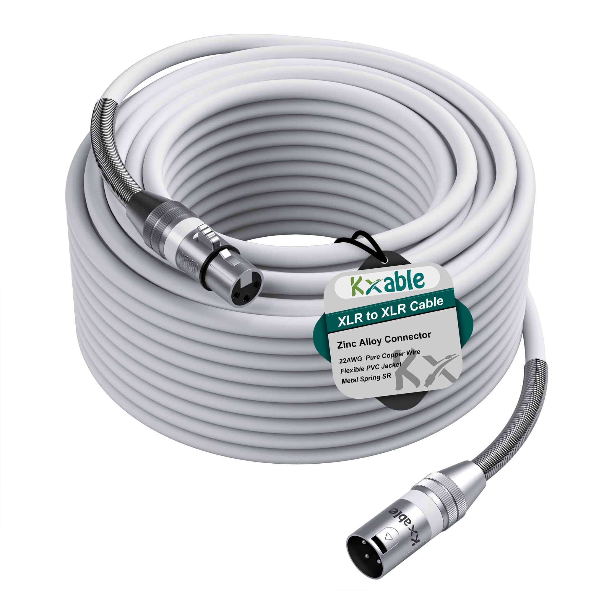 XLR to XLR Cable 100 Feet, Premium XLR Microphone Cable, Heavy Duty 22AWG OFC XLR Male to Female Cord, 3-Pin Shielded Mic Speaker Cable, Zinc Alloy Connectors, Metal Spring SR, White