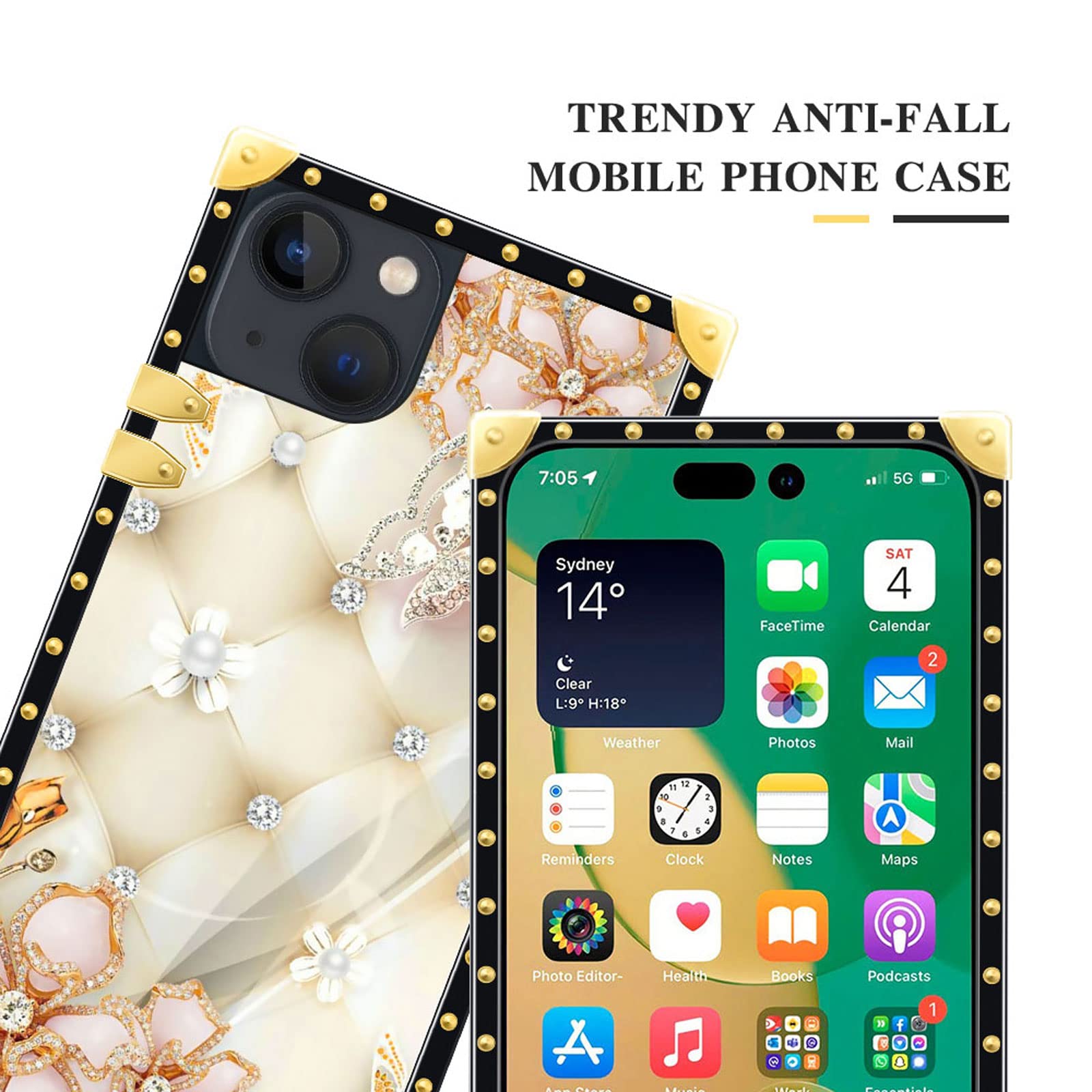 Toulas Case Compatible with iPhone 14 Plus Case,Golden Butterfly Flower Diamond Cases Luxury Gold Decorative Square Soft TPU Anti Scratch Drop Protection Hard PC Back for iPhone 14 Plus