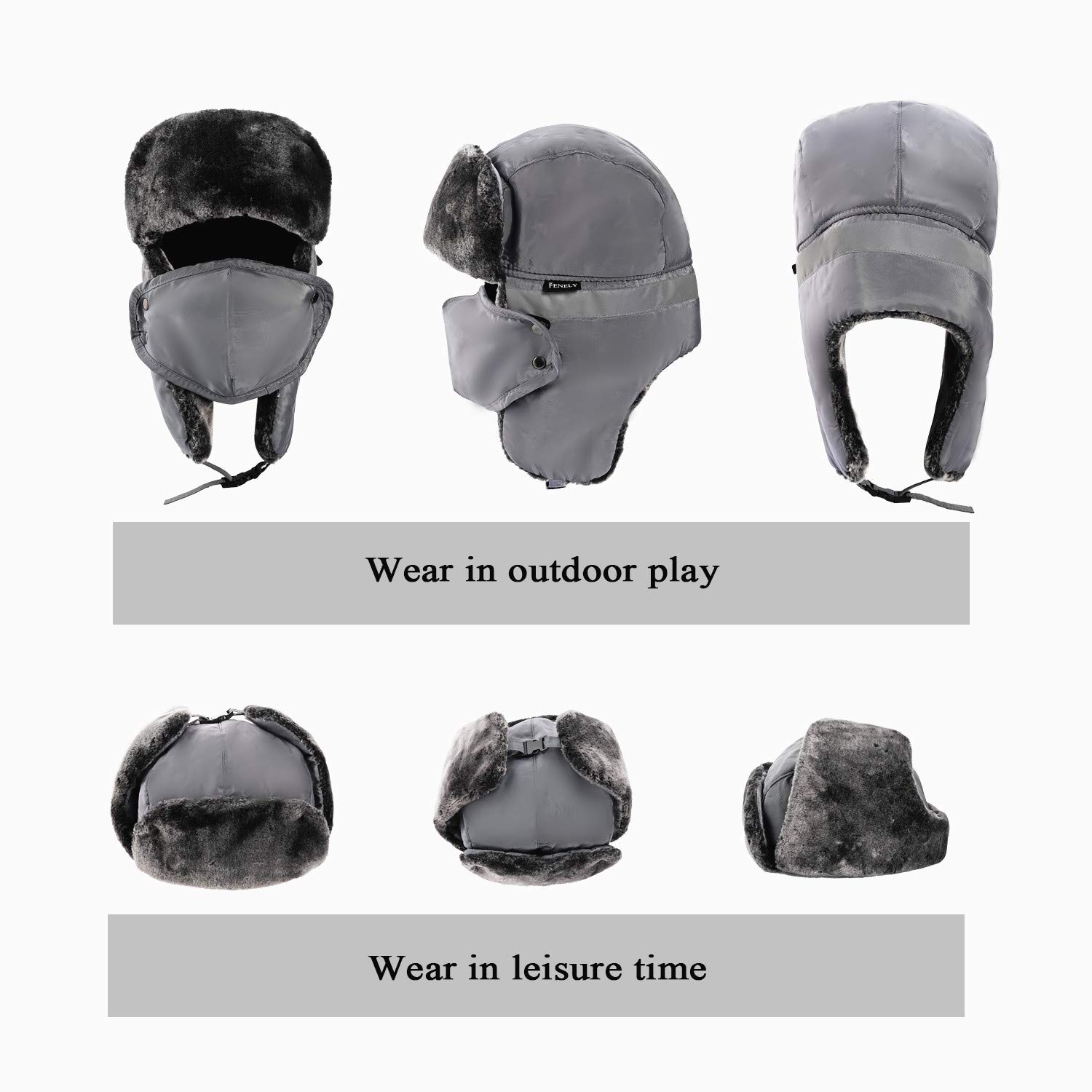 Ushanka Winter Russian Trapper Hats - Men Trooper Hat Black Hunting Skiing Cap with Ear Flaps 2 Pcs Windproof Mask for Cold Weather