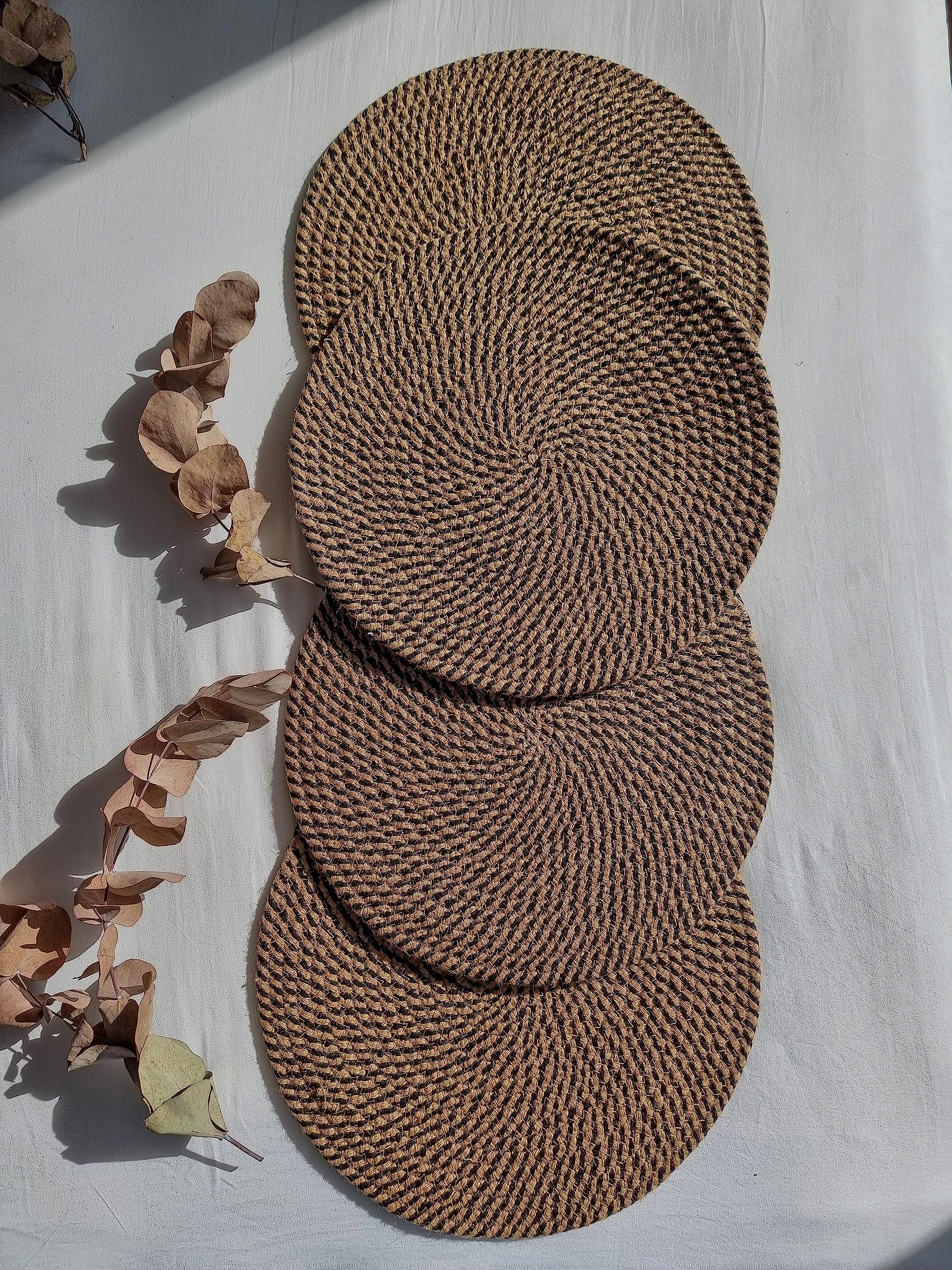 Wavy - Elegant Boho Round Placemats (Set of 4) - 14 inches, Natural Jute Cotton, Black Dining Table Mats