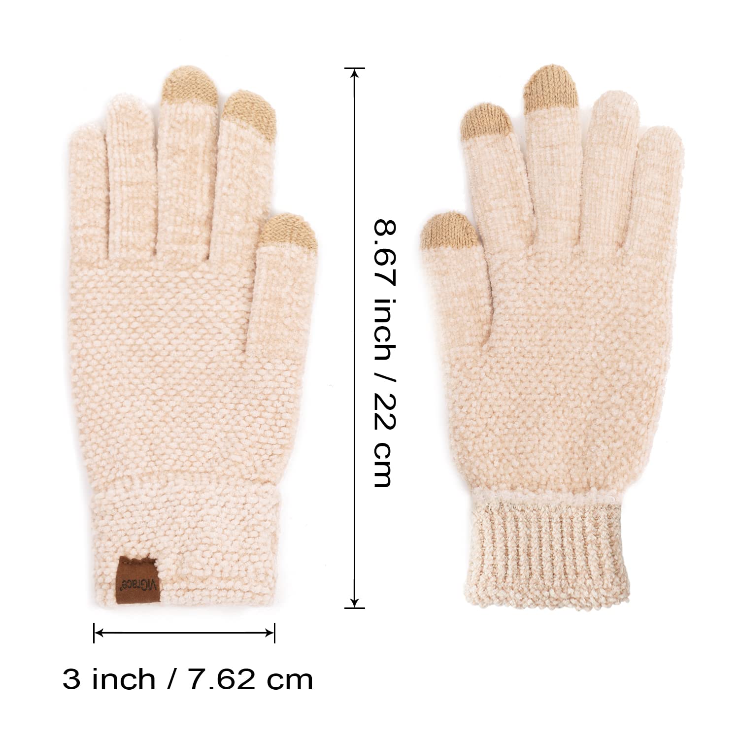 ViGrace Winter Touchscreen Gloves for Women Chenille Warm Cable Knit 3 Touch screen Fingers Texting Driving Elastic Cuff Thermal Glove (Gray,Large)