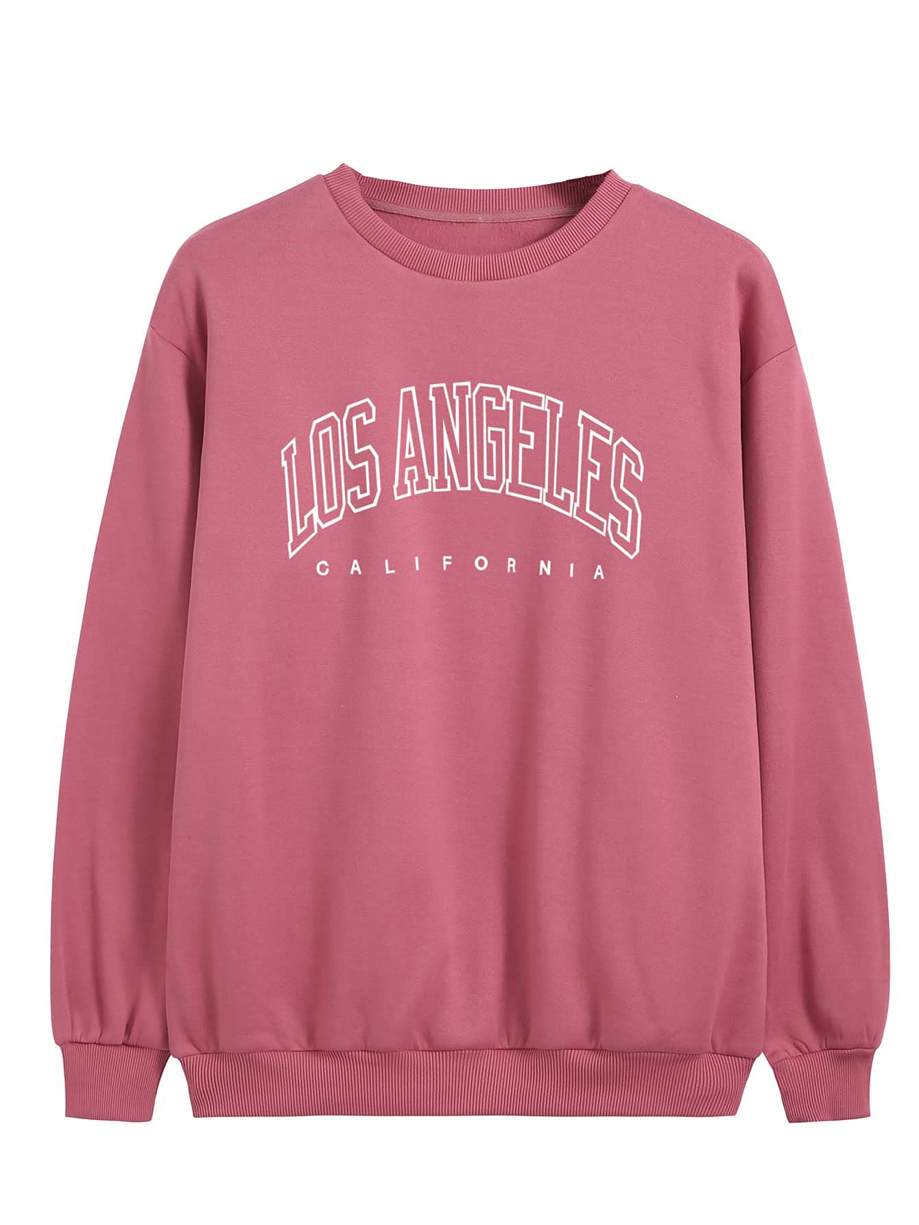 WDIRARA Women's Letter Graphic Print Round Neck Long Sleeve Sweatshirt Top Dusty Pink M