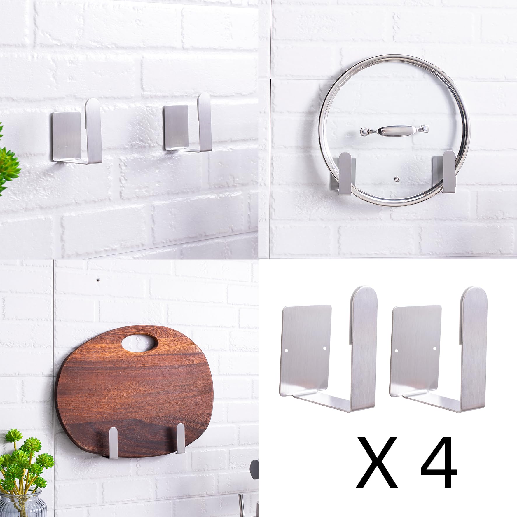 YURINJEE Pot Lid Holder Stainless Steel Wall Mounted 3M Self Adhesive Pan Cover Racks (Set of 4) Freely Adjustable Length (Silver with Screw Set)