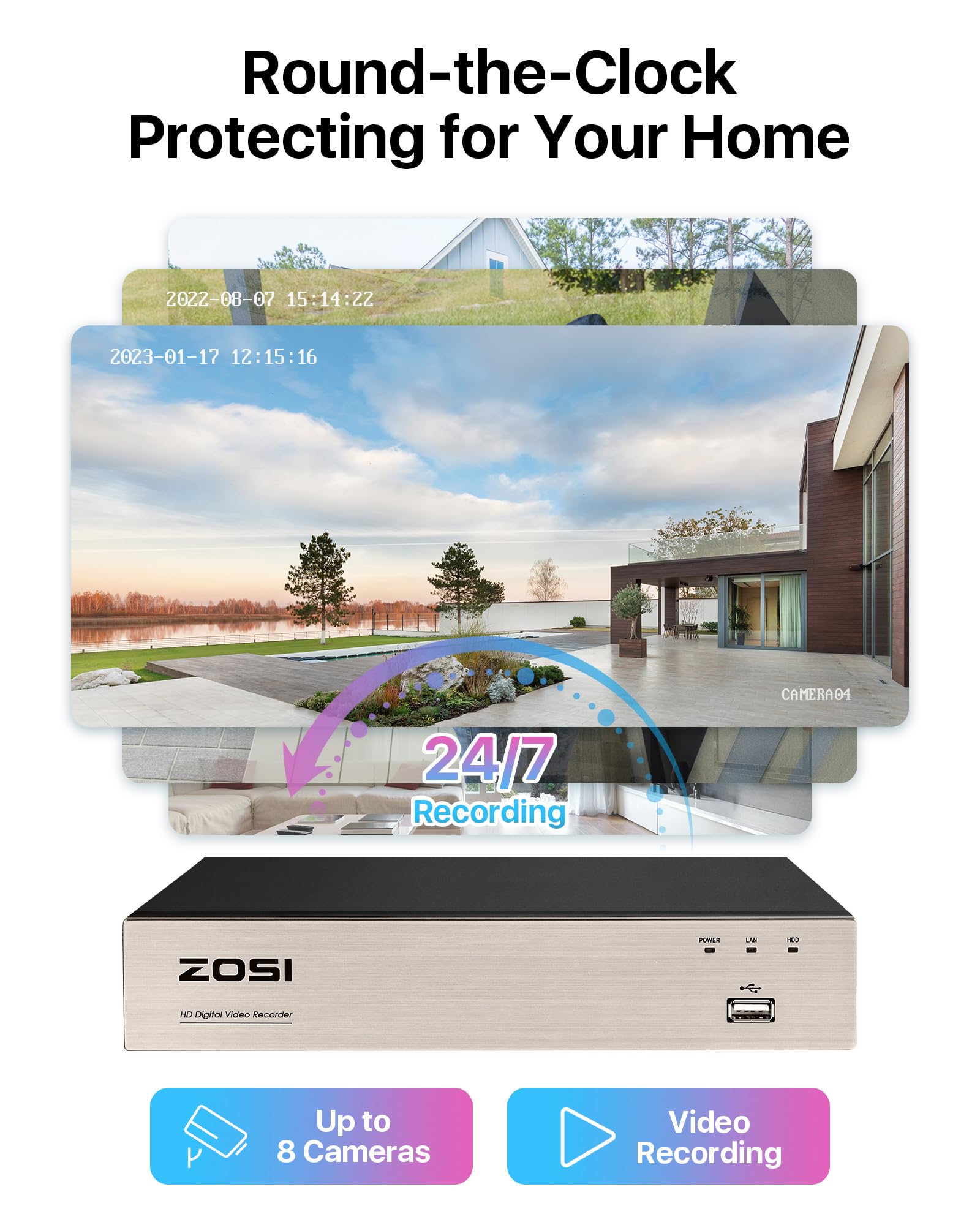 ZOSI 3K Lite Security Camera System Indoor Outdoor,AI Human/Vehicle Detection,Night Vision,Remote Access,4pcs 1080P 1920TVL Weatherproof Surveillance Cameras,H.265+ 8CH 5MP Lite CCTV DVR(NO HDD)