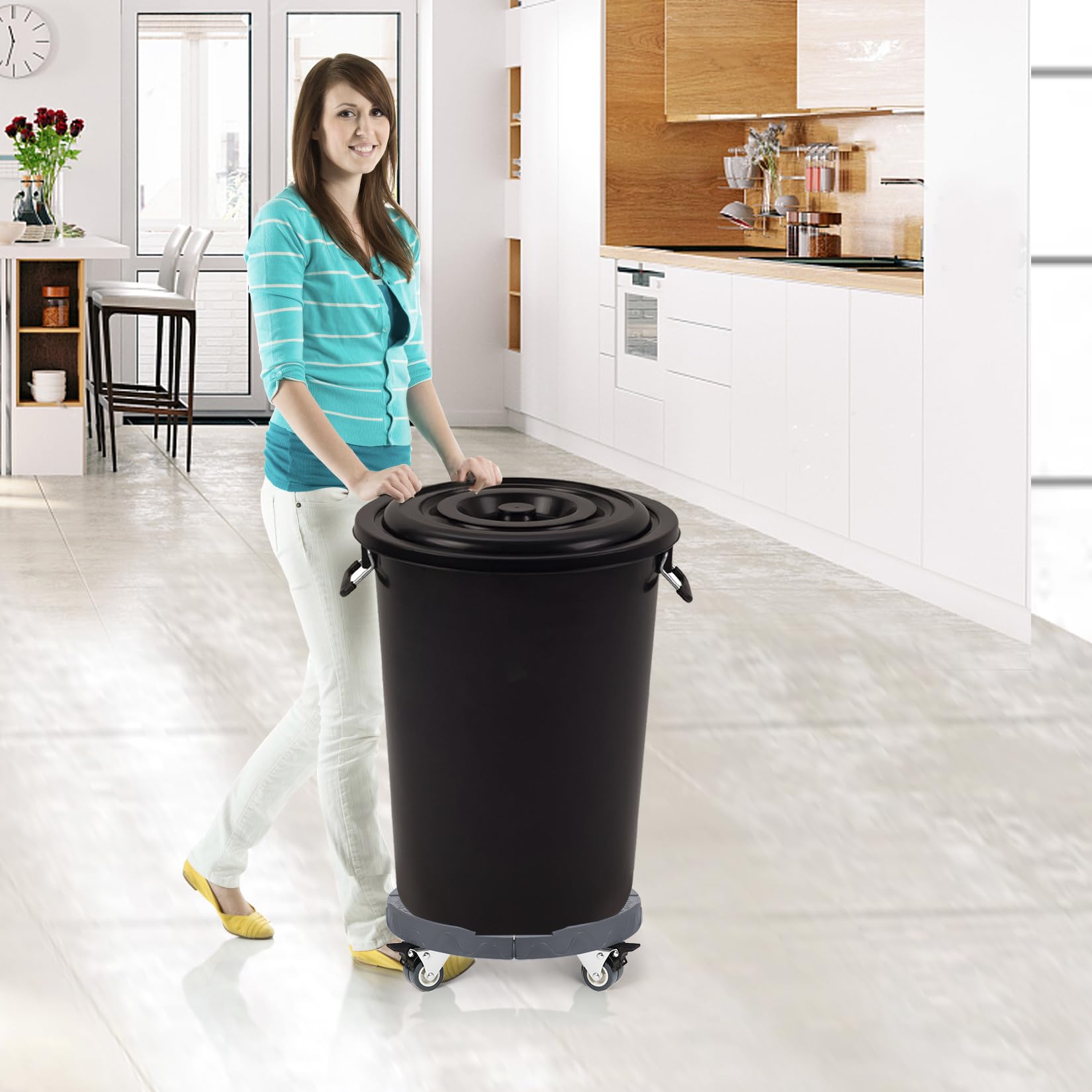 W B D WEIBIDA Trash Can Dolly Adjustable 15-19 Inch Round Dolly with Wheels Heavy Duty Trash Can Roller Base Large Bucket Dolly Multi Functional Drum Dolly Rolling Keg Dolly Cart