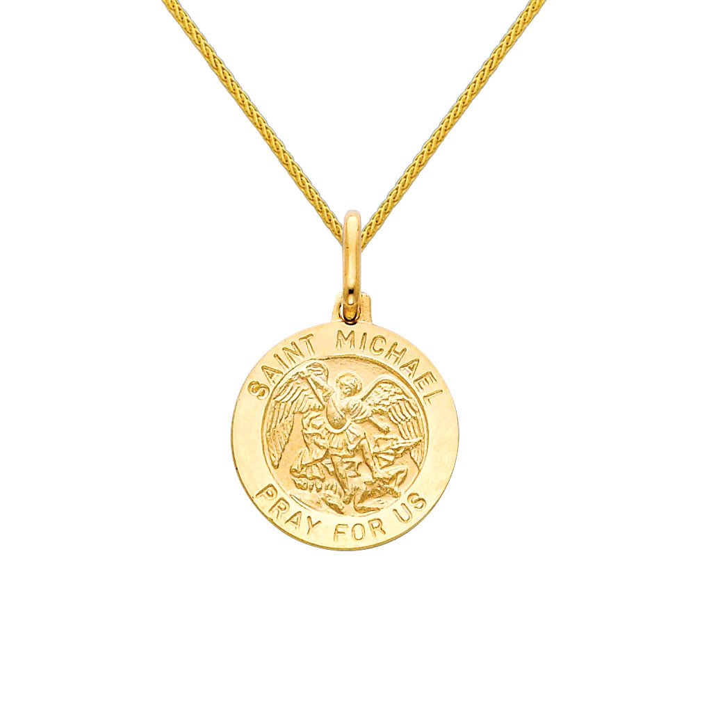 The World Jewelry Center 14k REAL Yellow Gold Religious Saint Michael Medal Pendant with 0.9mm Braided Wheat Chain Necklace - 22"