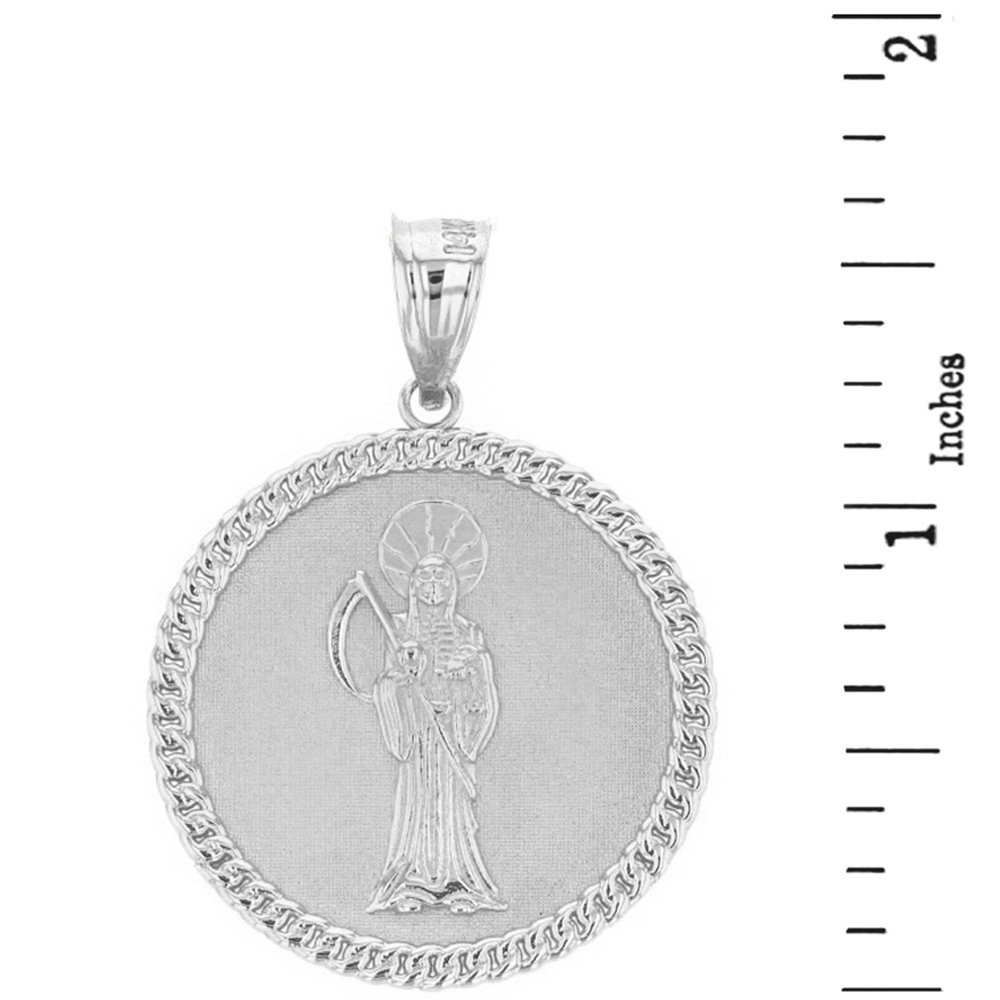 Sterling Silver Santa Muerte (Grim Reaper) Cuban Link Frame Round Medal Pendant