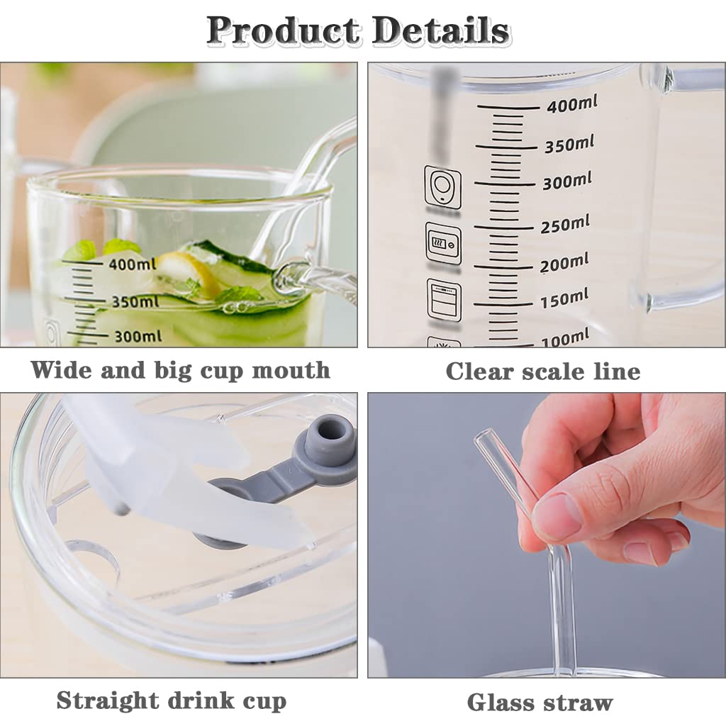 ZRAGEK Straw Cup Glass Mug with Straw and Spoon, Breakfast Scale Coffee Cup, Thickened High Borosilicate Glass Cup, 17.6oz Large Capacity, Microwave Safe(Black,17.6Oz)