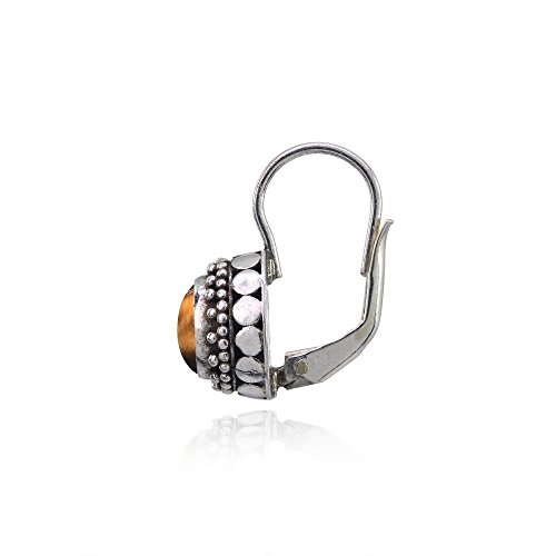 Sterling Silver Simulated Tiger's Eye Thick Oxidized Bali Bead Leverback Drop Earrings